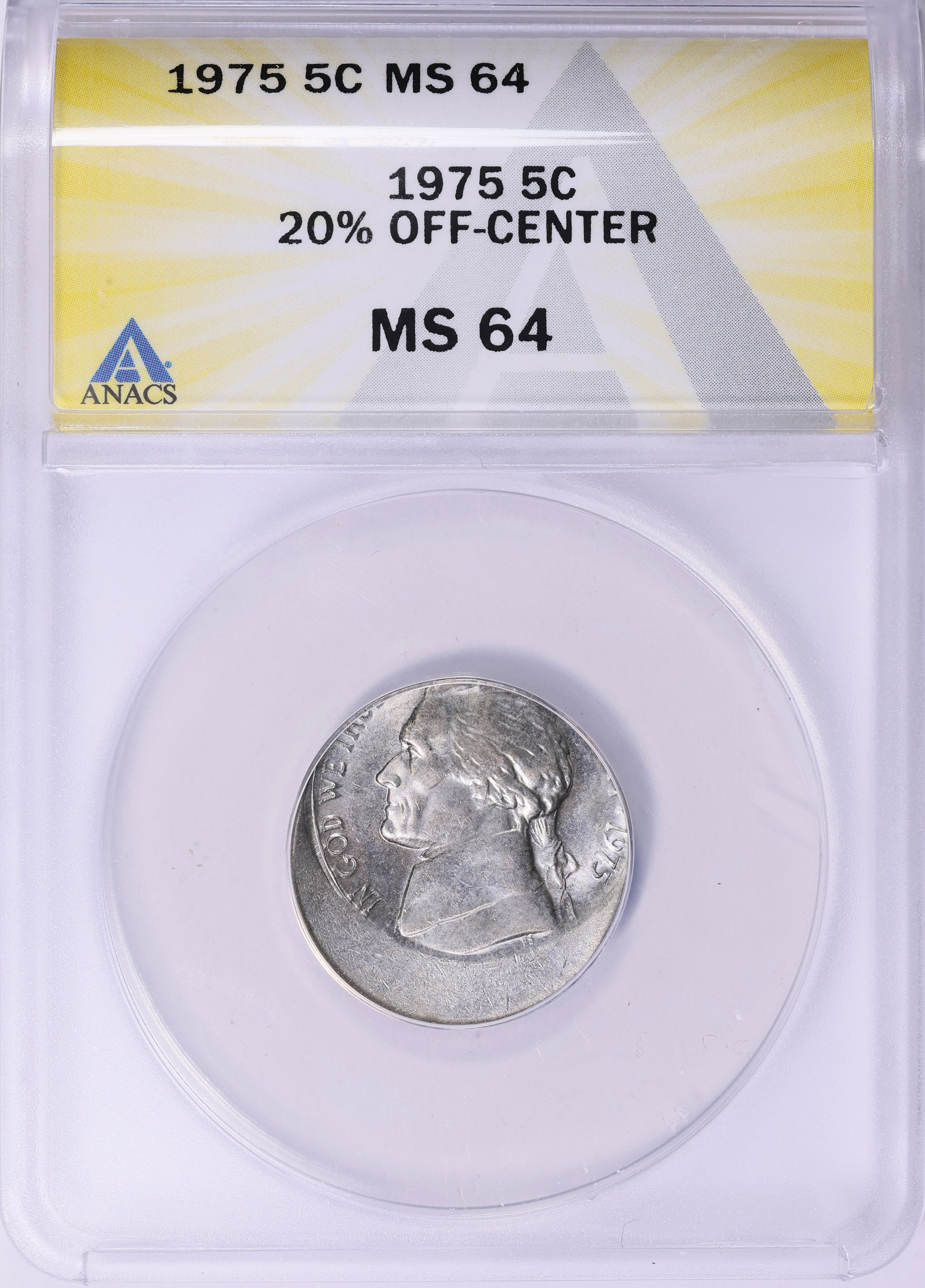 Mint Error 1975 Jefferson Nickel 20% Off-Center ANACS MS-64 | ANACS ...
