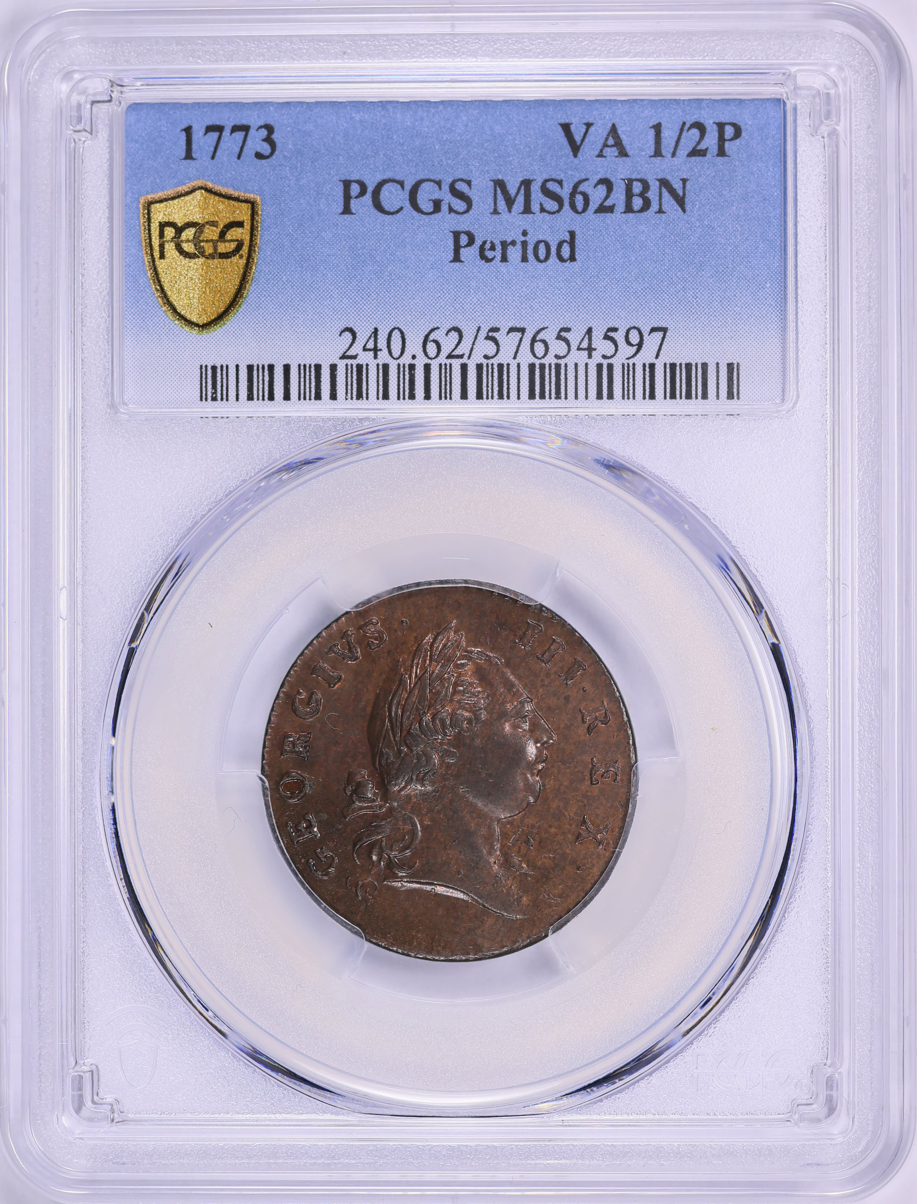 1773 Virginia Halfpenny Period PCGS MS-62 BN (Item 1956382 ...