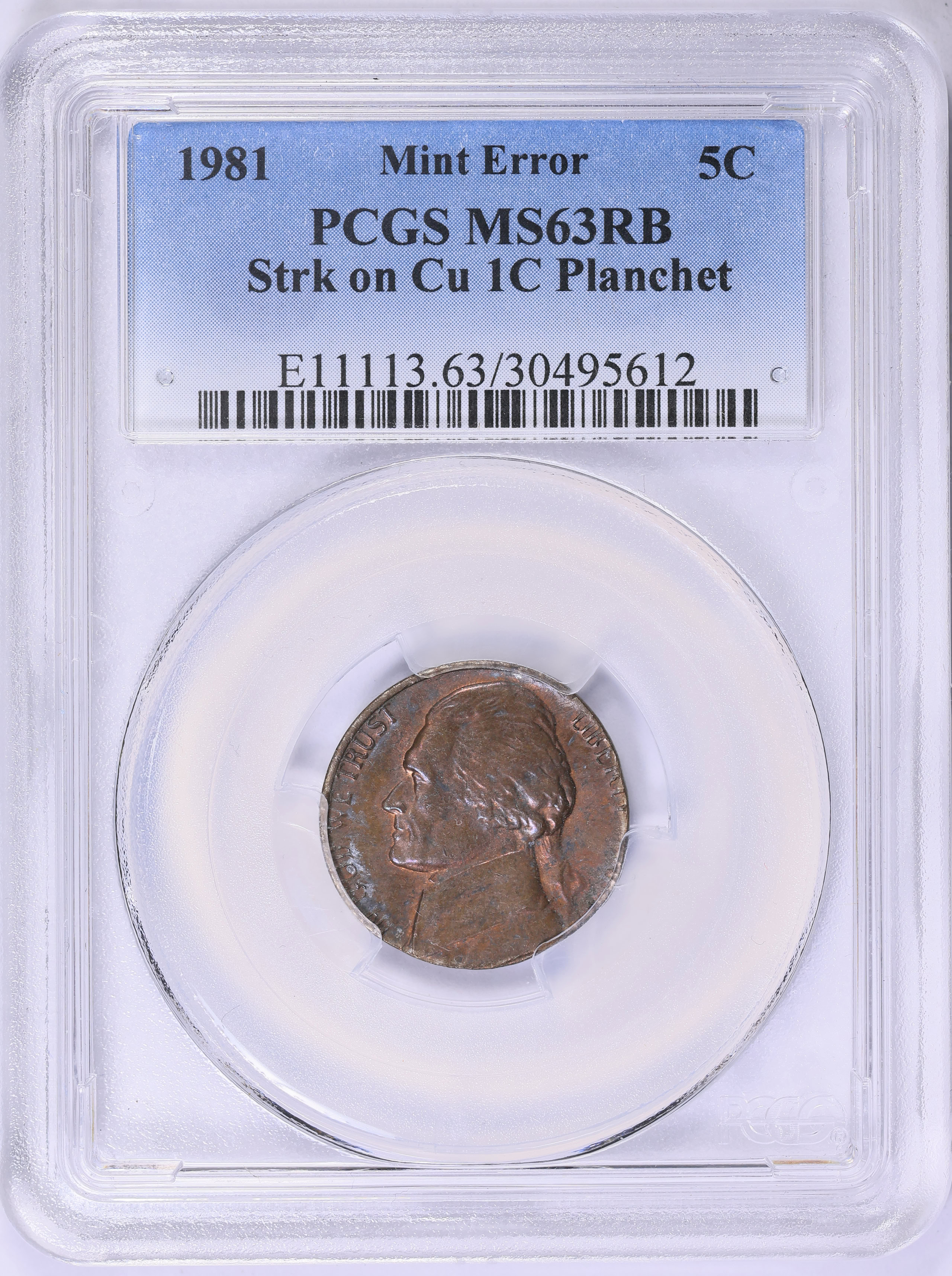 Mint Error 1981 Jefferson Nickel Struck on Copper 1c Planchet PCGS MS ...