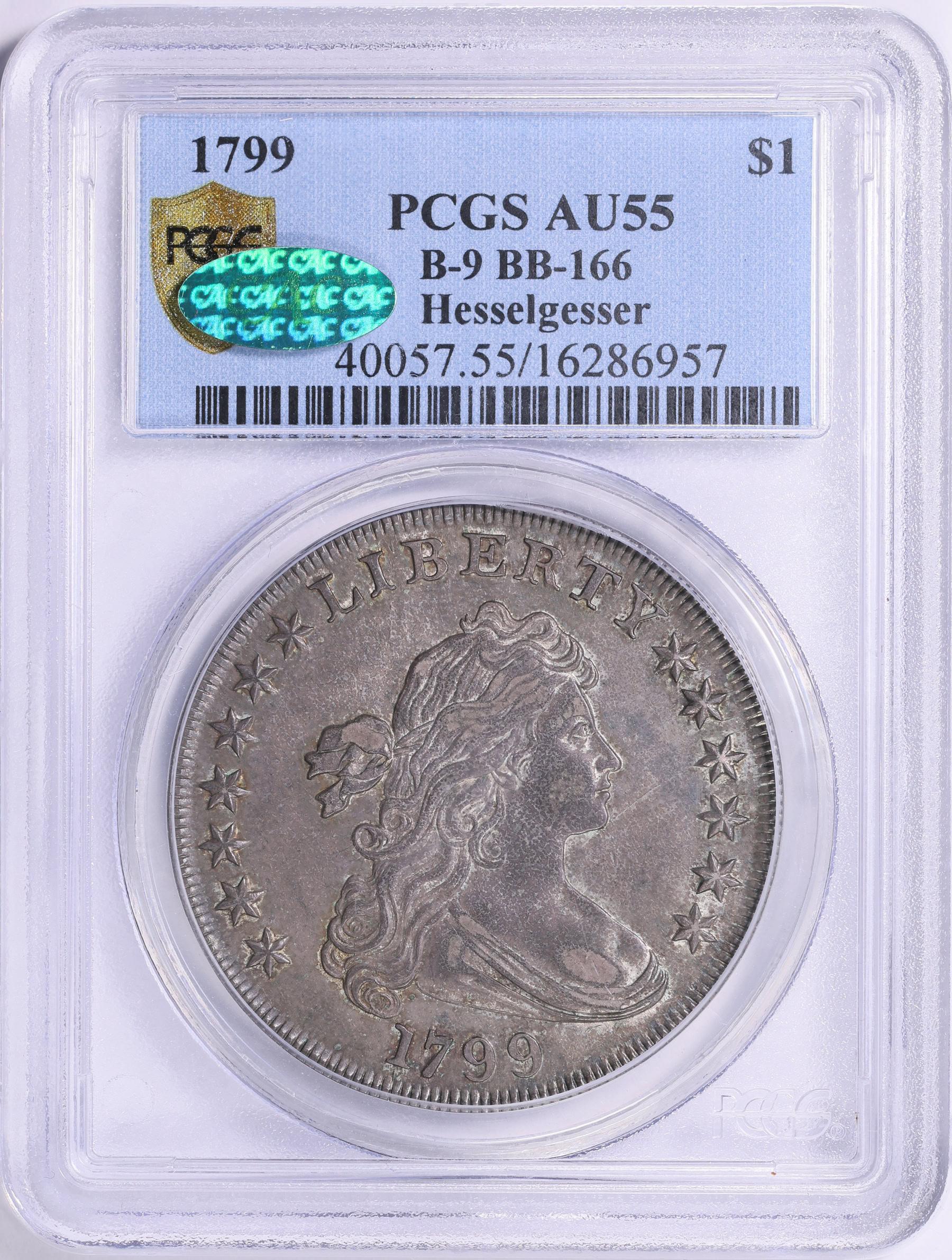 1799 Draped Bust Silver Dollar B-9 BB-166 PCGS AU-55 (CAC Green ...