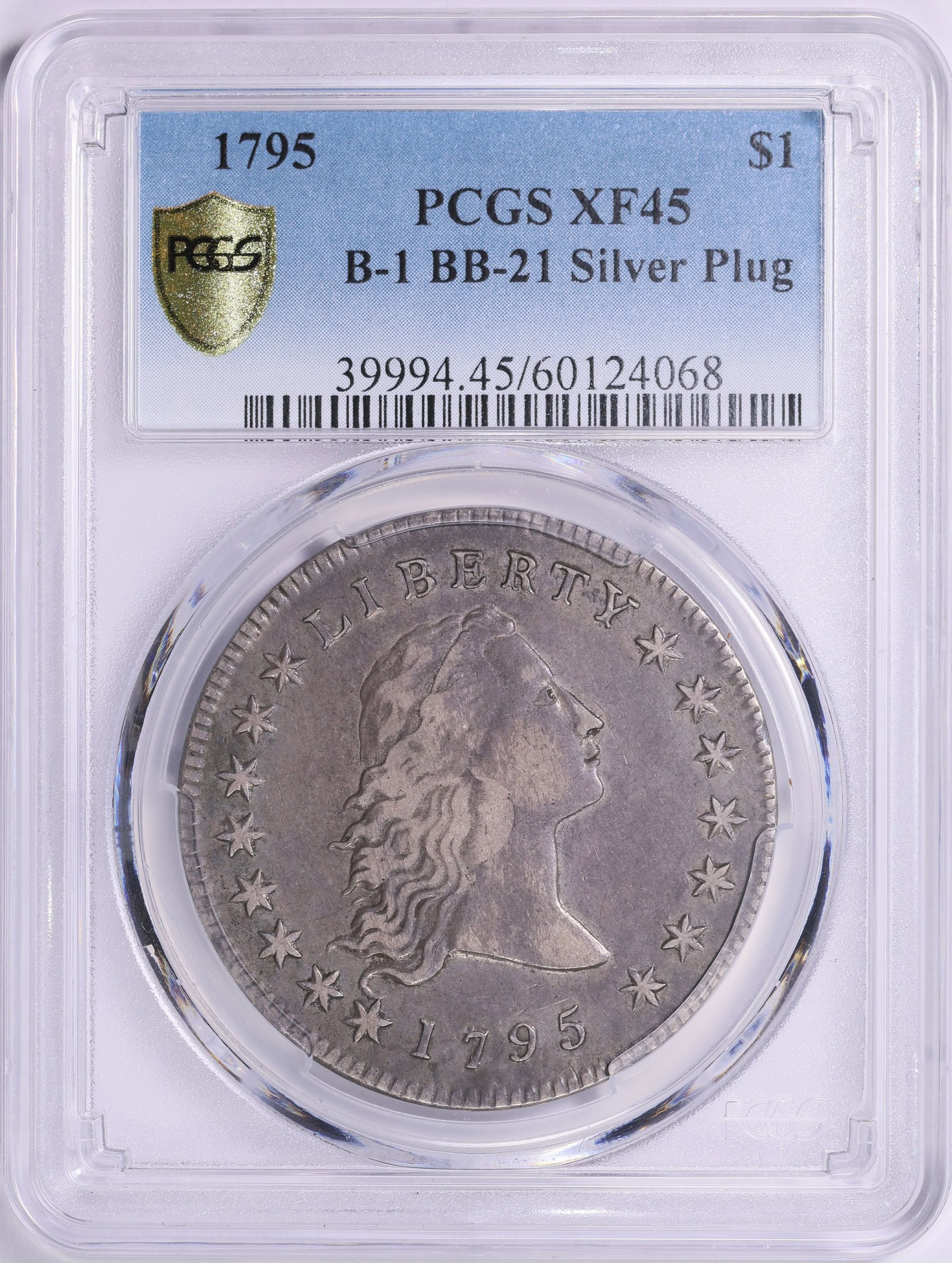 1795 Flowing Hair Silver Dollar B-1 BB-21 Silver Plug PCGS XF-45 (Toned ...
