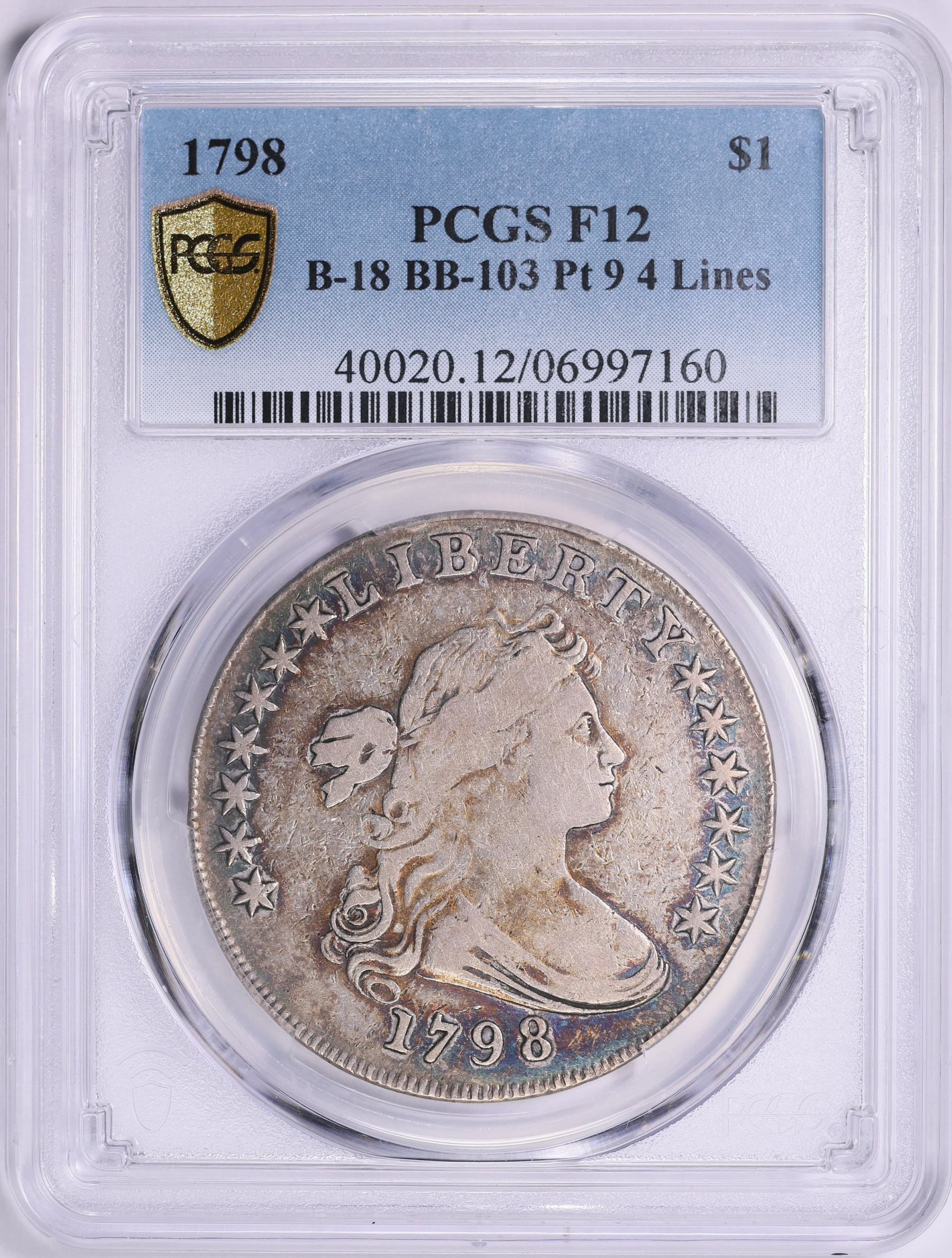 1798 Draped Bust Silver Dollar B-18 BB-103 Point 9 4 Lines PCGS F-12 ...