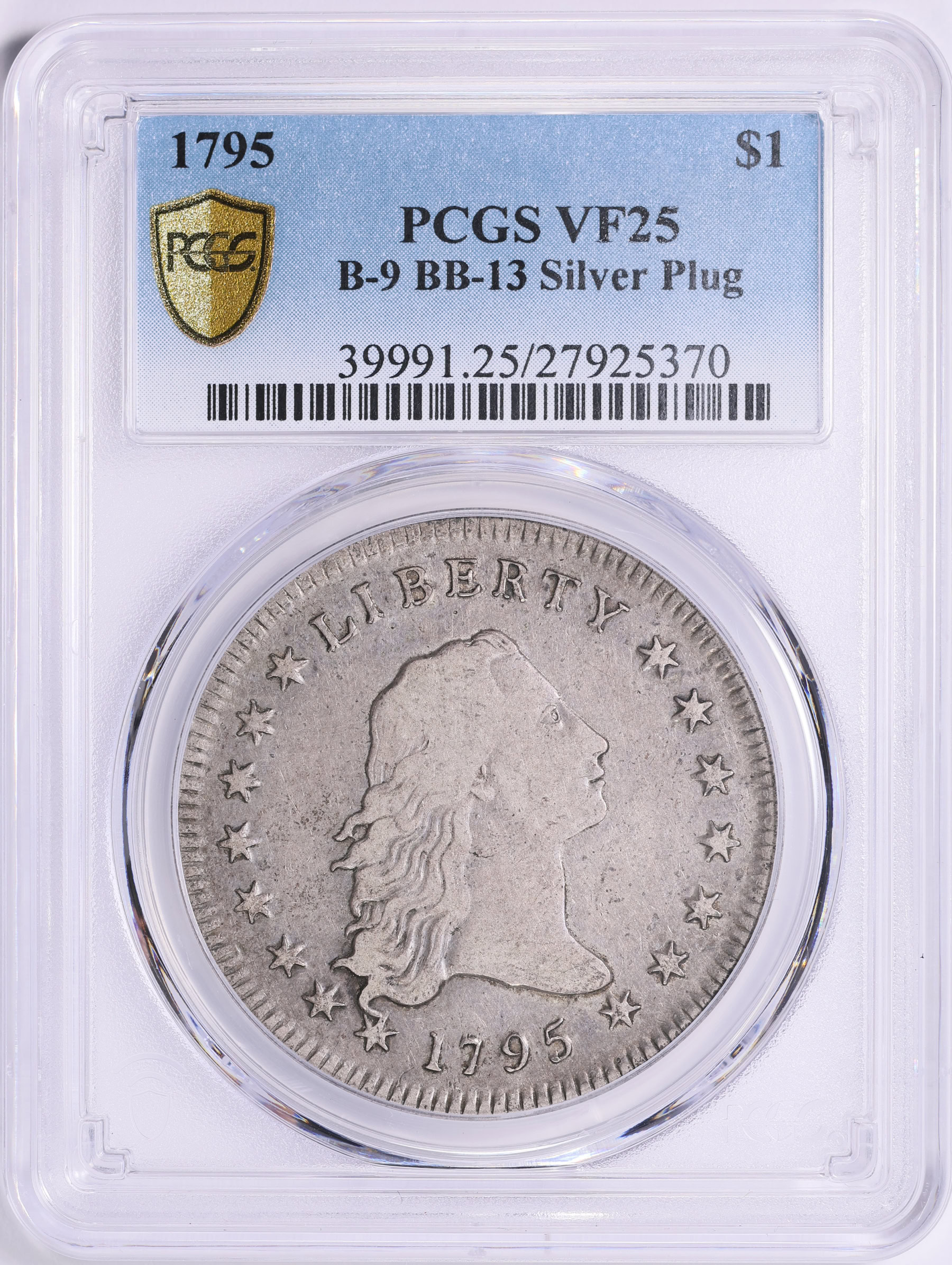 1795 Flowing Hair Silver Dollar B-9 BB-13 Silver Plug PCGS VF-25 (MJ ...