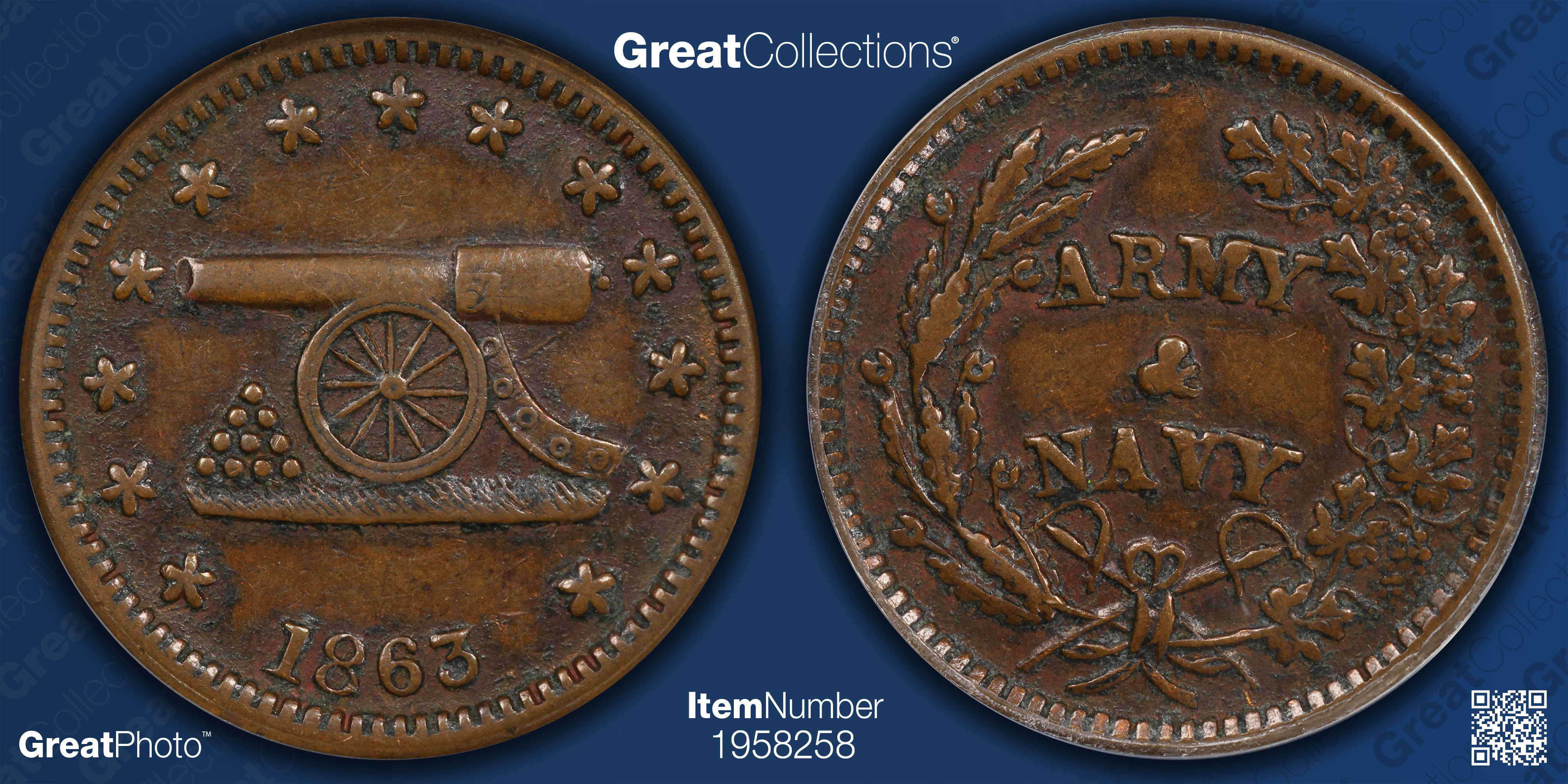1863 Cannon - Army & Navy Civil War Token F-168/311a ANACS XF-45 (Item ...