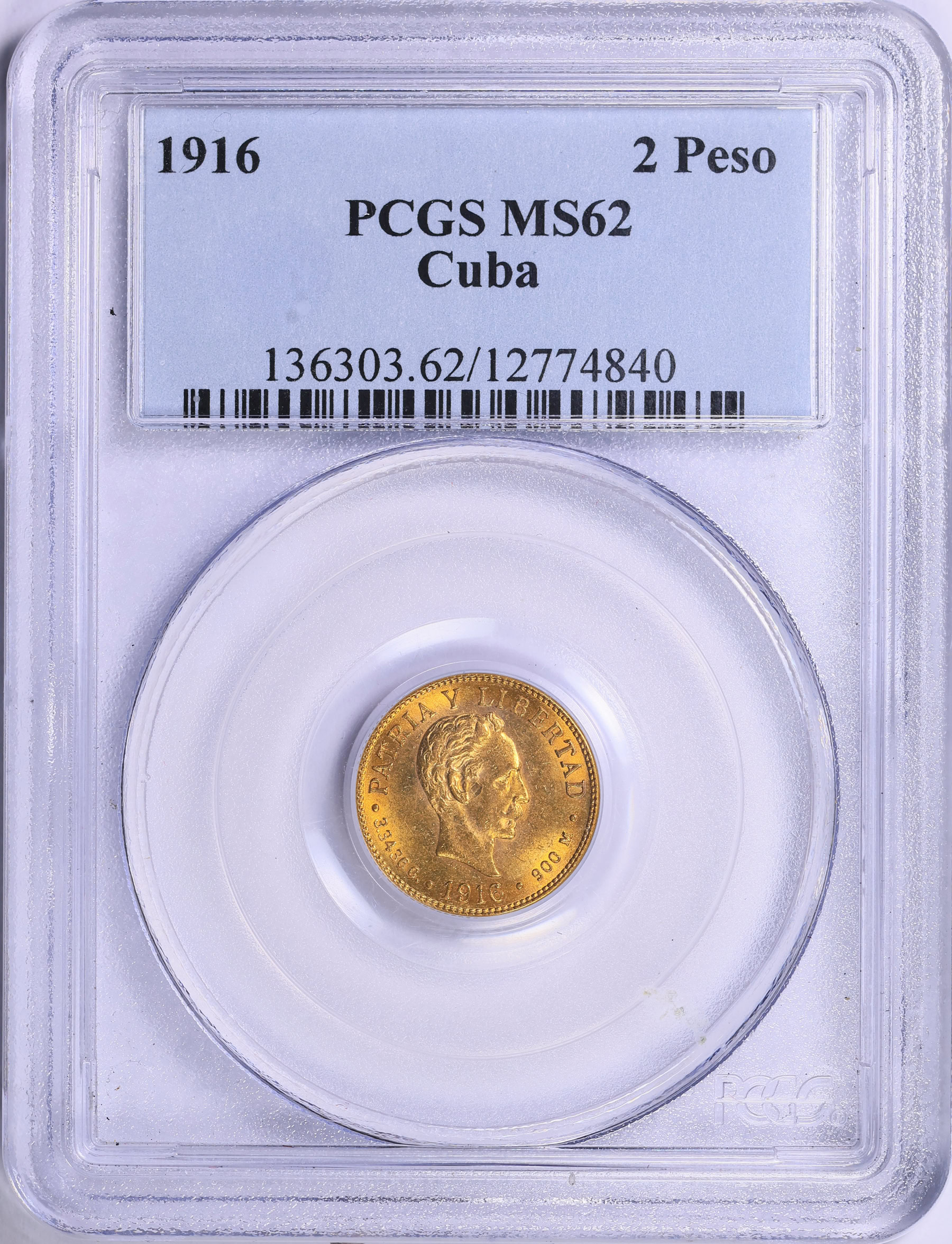 Cuba 1916 Gold 2 Pesos KM-17 PCGS MS-62 (AGW = 0.0967 Oz.) (Item ...