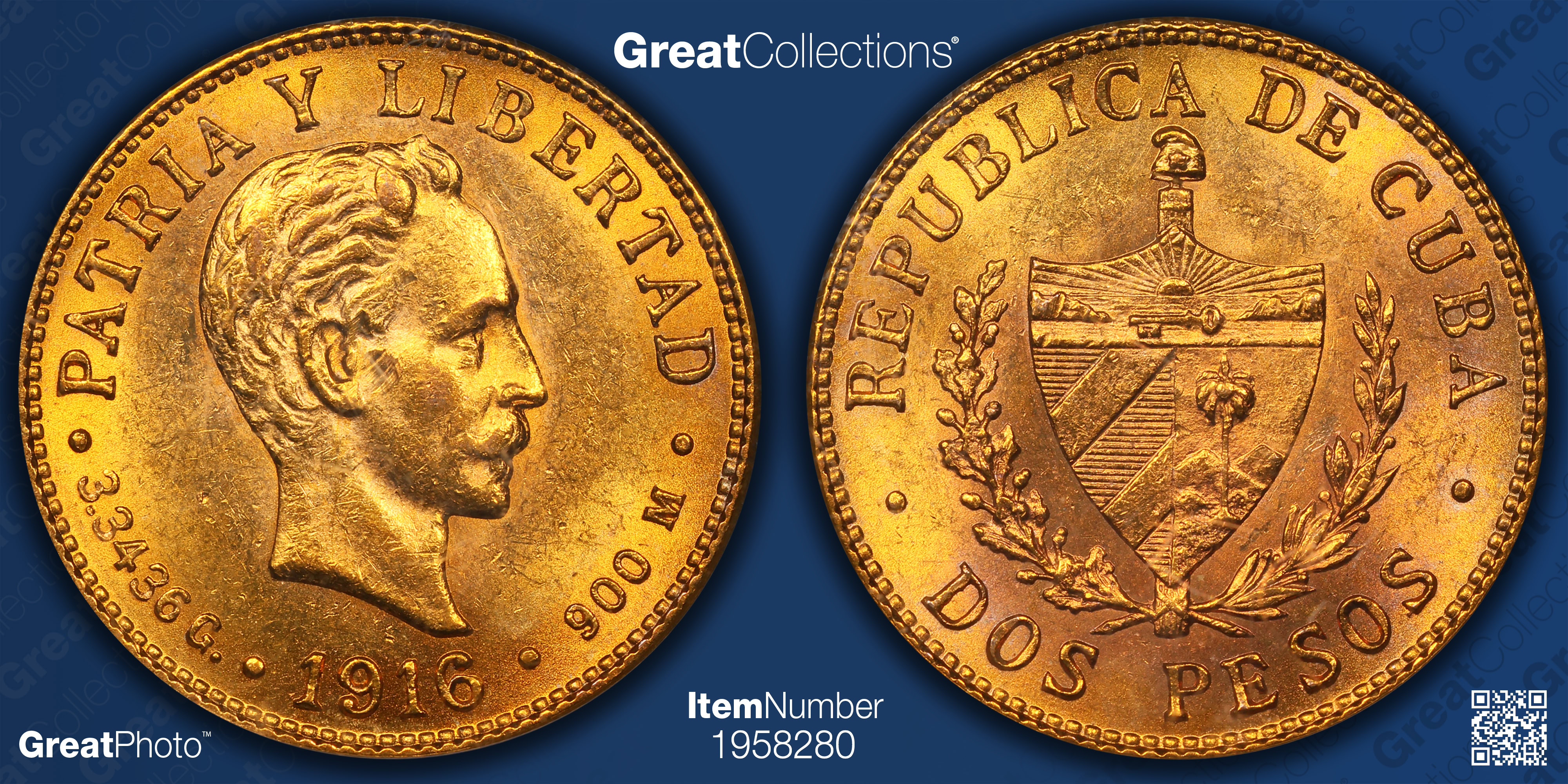 Cuba 1916 Gold 2 Pesos KM-17 PCGS MS-62 (AGW = 0.0967 Oz.) (Item ...