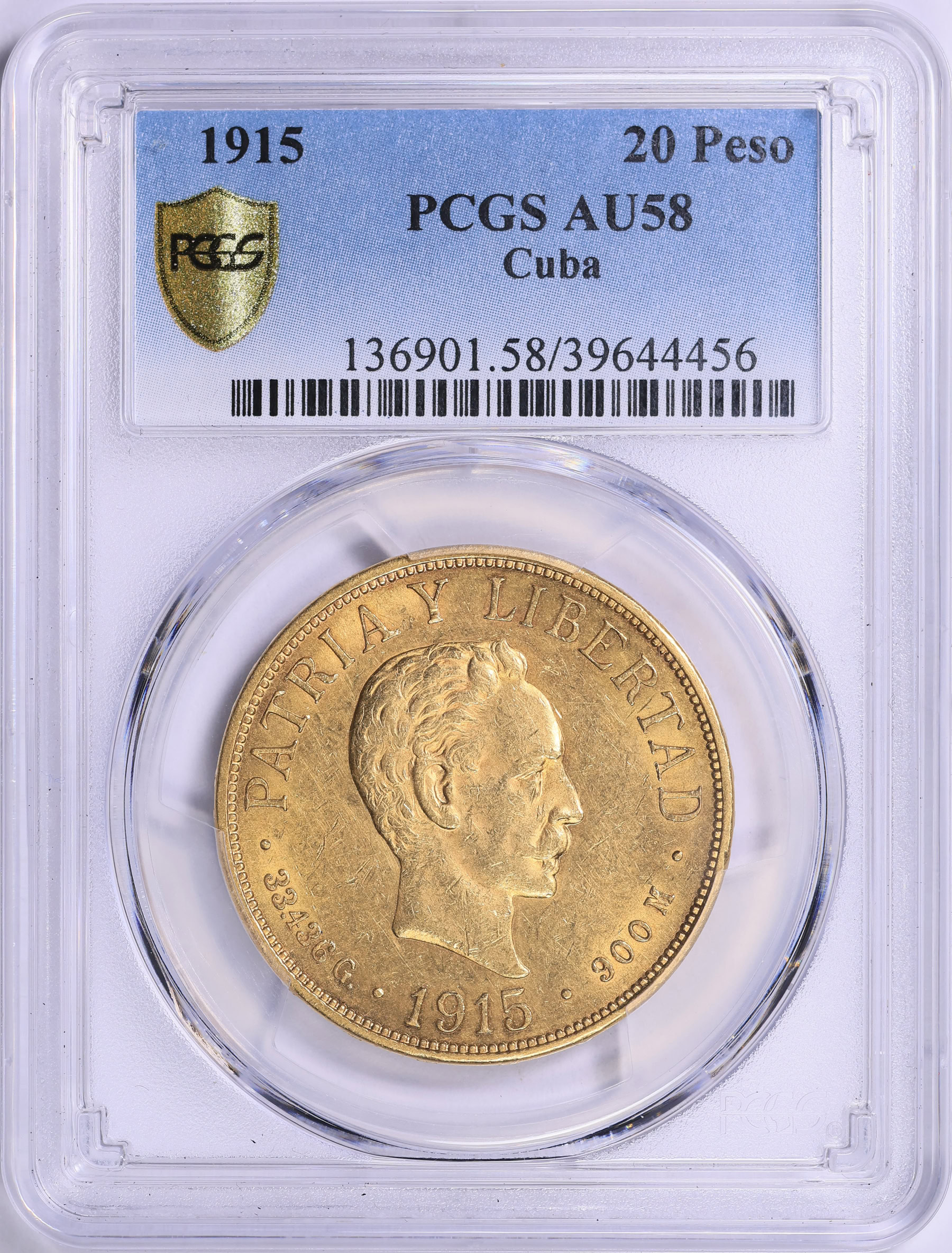 Cuba 1915 Gold 20 Pesos KM-21 PCGS AU-58 (AGW = 0.9675 Oz.) (Item ...