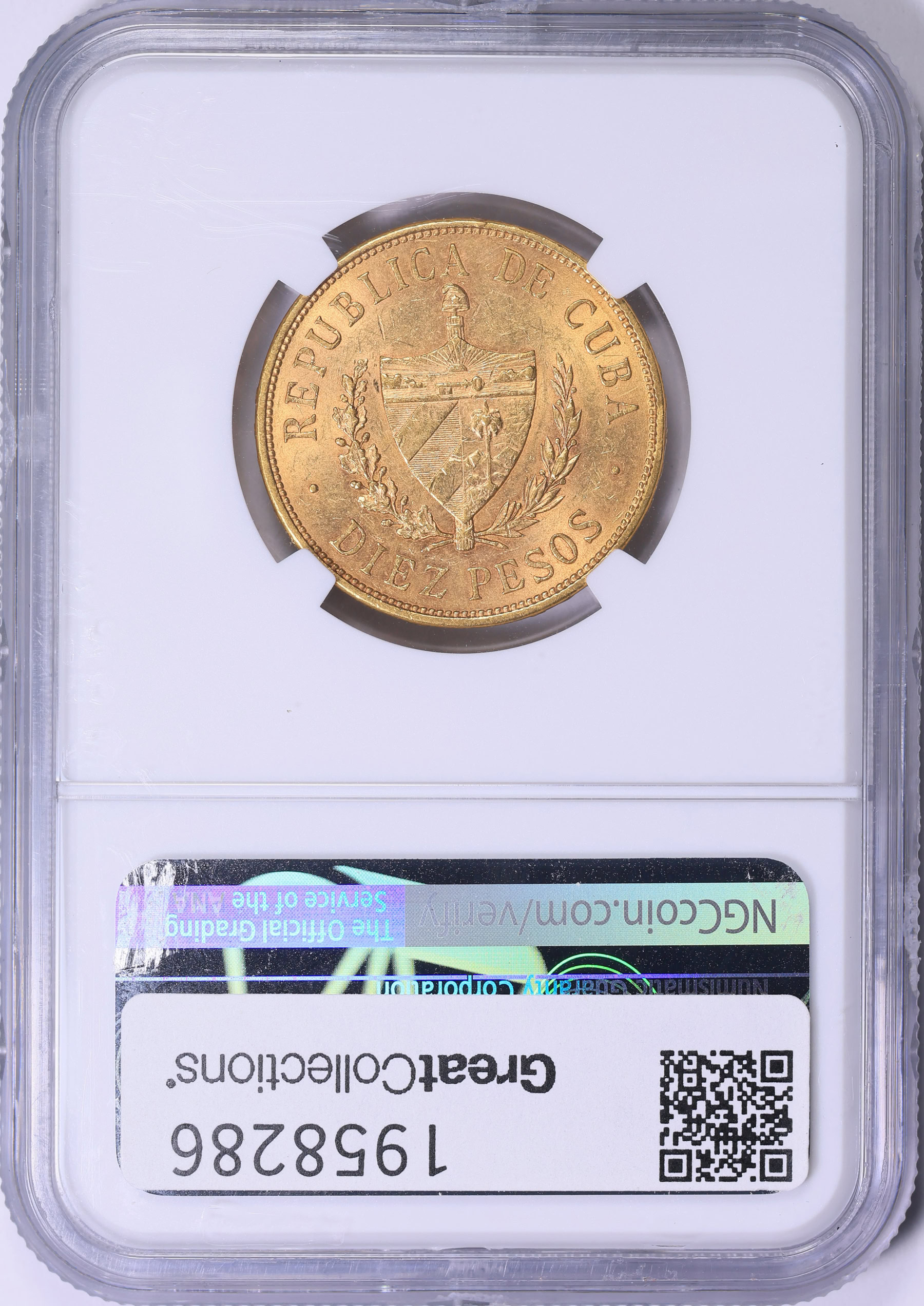 Cuba 1916 Gold 10 Pesos KM-20 NGC AU-58 (AGW = 0.4838 Oz.) (Item ...