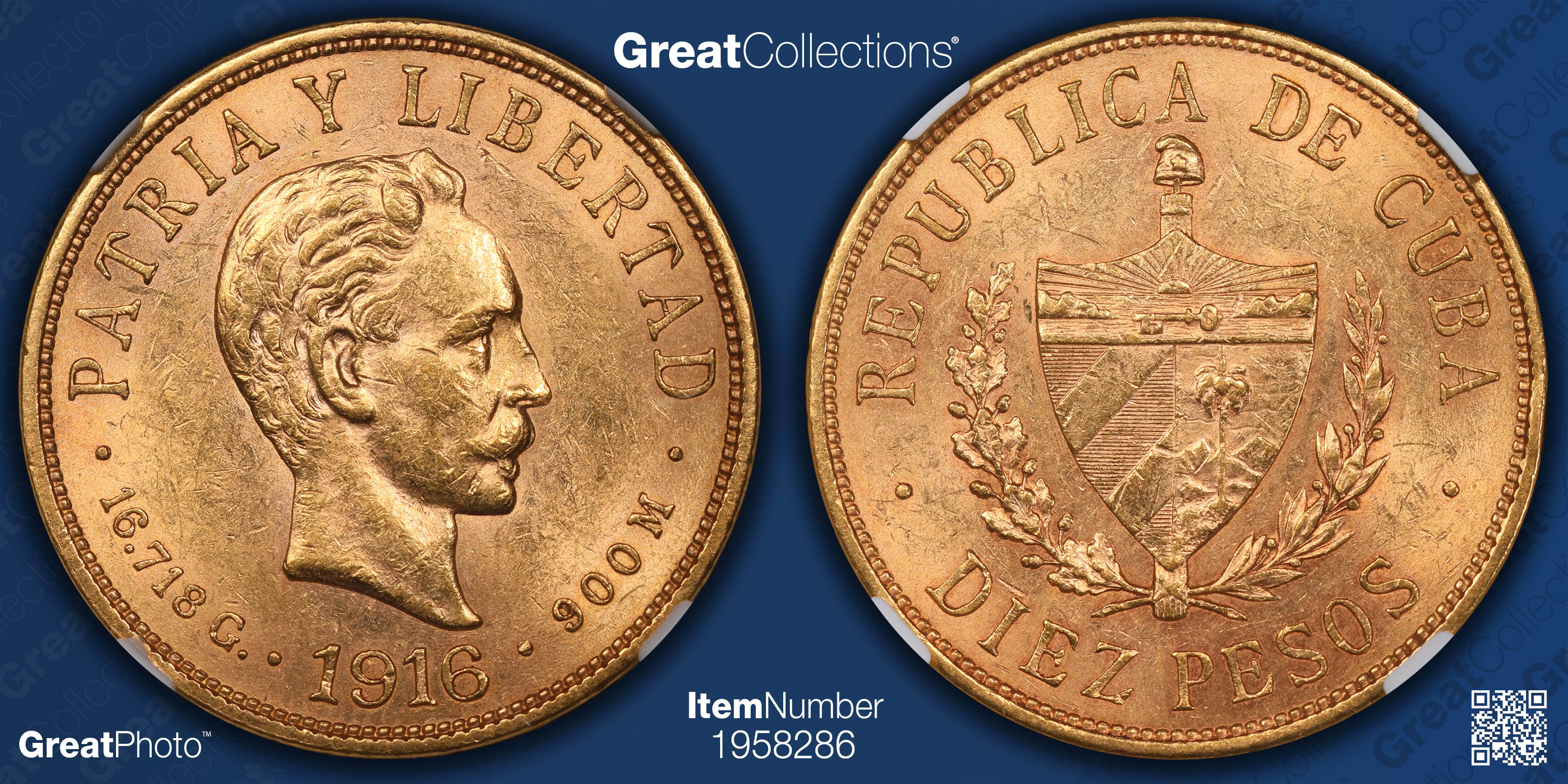 Cuba 1916 Gold 10 Pesos KM-20 NGC AU-58 (AGW = 0.4838 Oz.) (Item ...