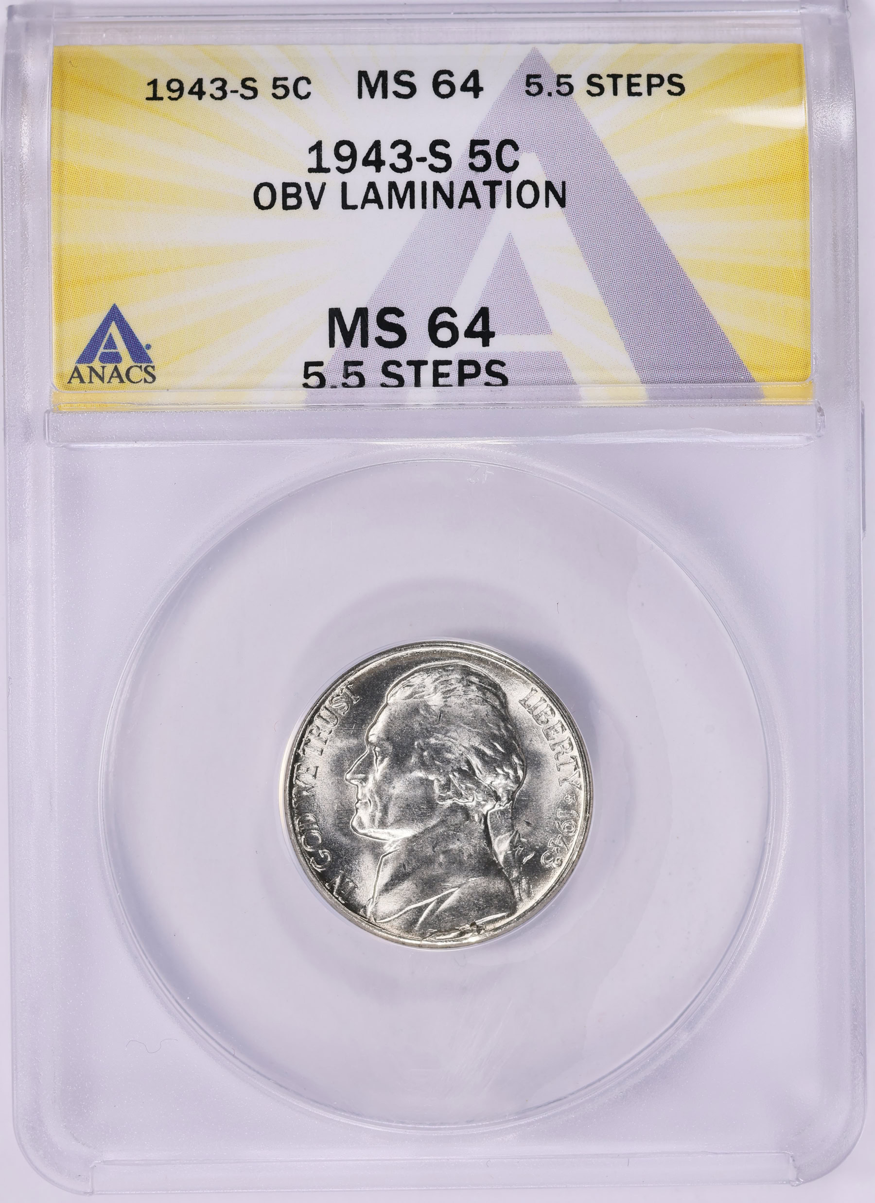 Mint Error 1943-S Jefferson Nickel Obverse Lamination ANACS MS-64 5.5 ...