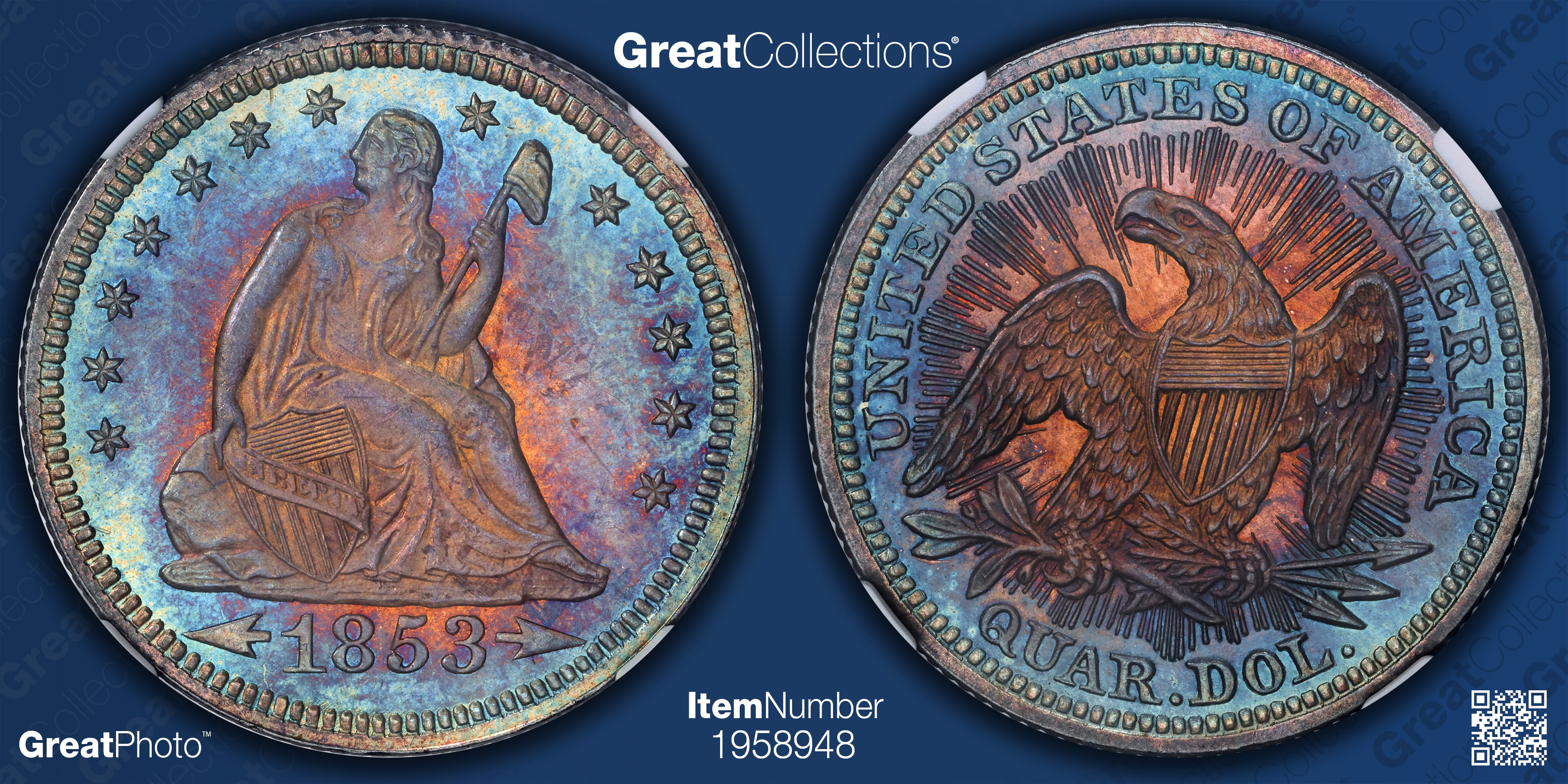 1853 Seated Liberty Quarter Arrows and Rays NGC MS-65 (Toned) (Item ...