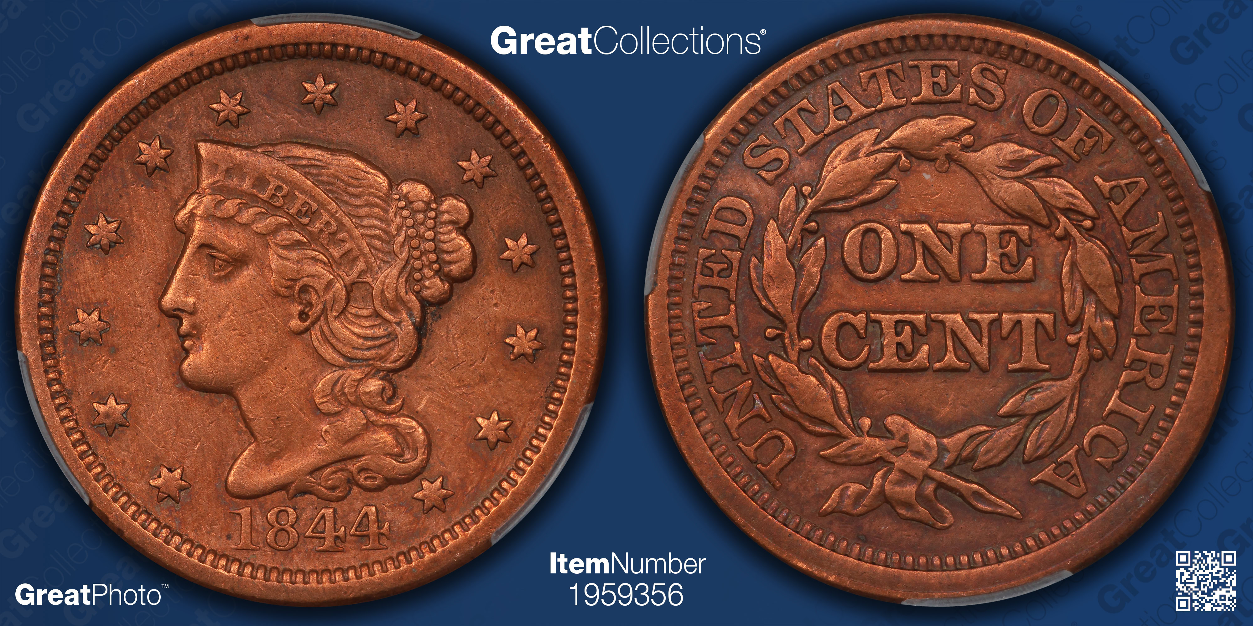 1844 Braided Hair Cent CACG XF Details (Item 1959356 ...