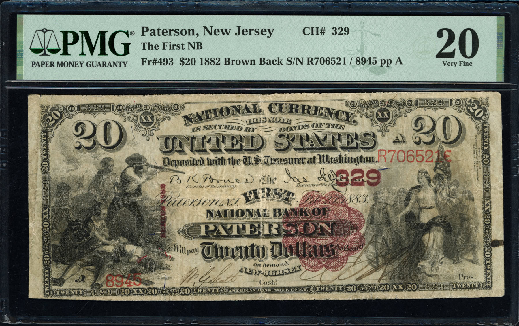 Fr. 493 Paterson, New Jersey 1882 $20 Brown Back Note The First National Bank Charter #329 PMG ...