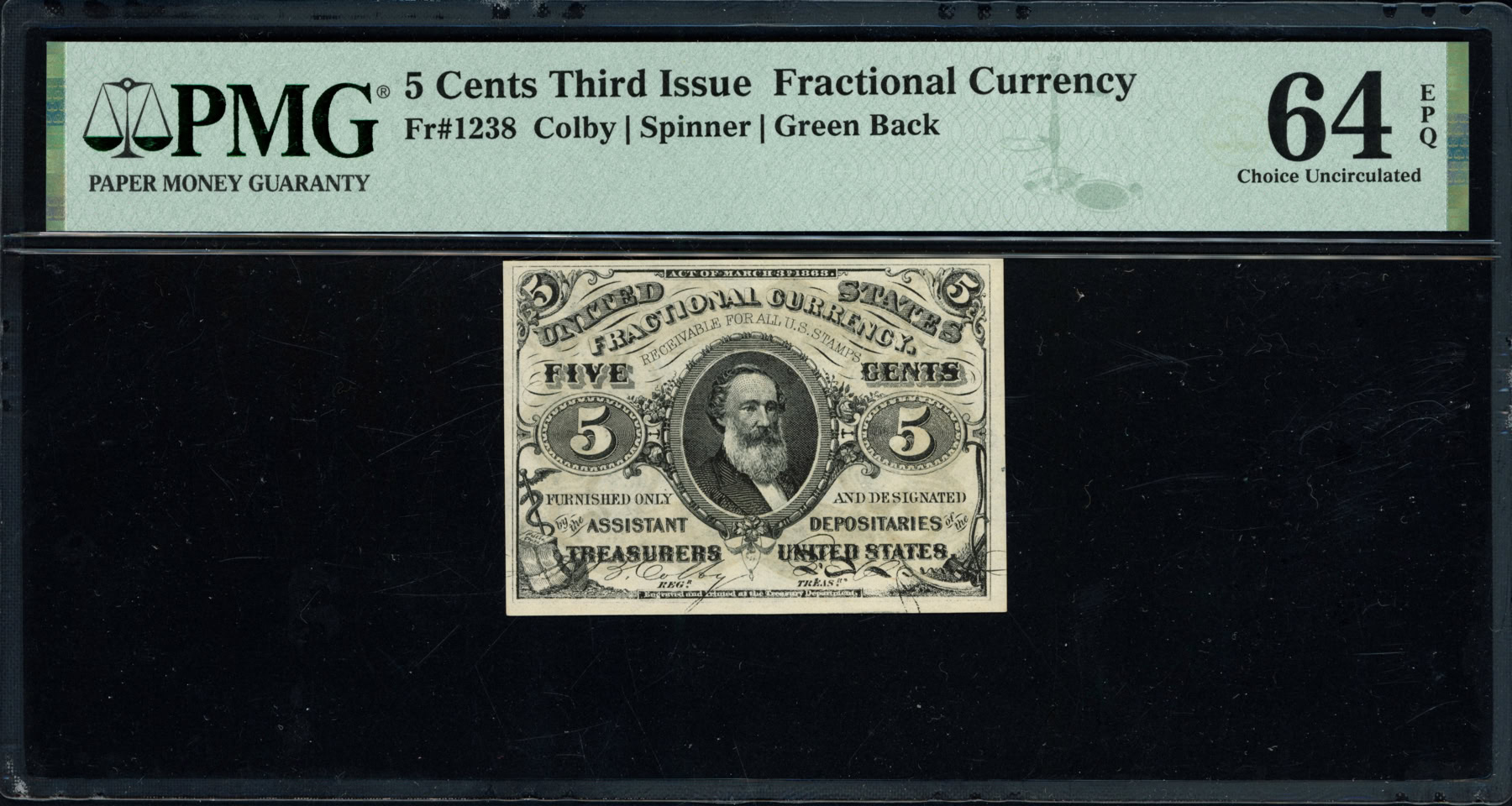 Fr. 1238 Third Issue 5 Cents Fractional Currency Note Colby / Spinner ...