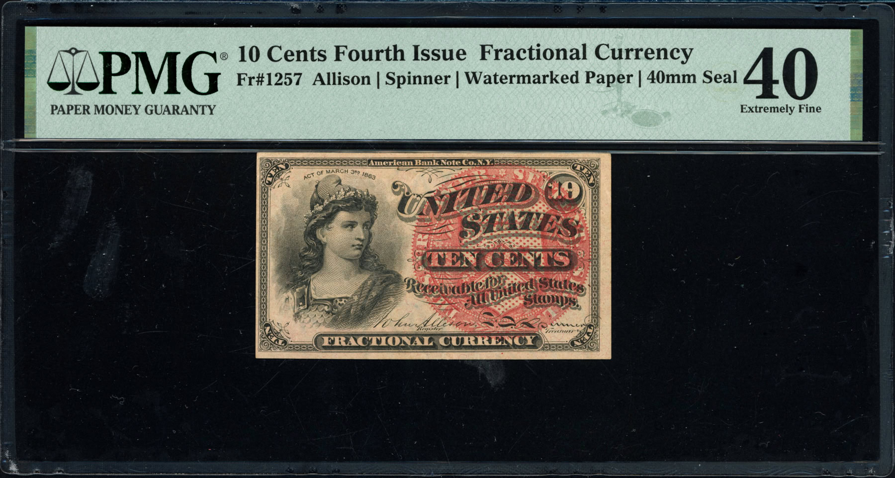 Fr. 1257 Fourth Issue 10 Cents Fractional Currency Note Allison ...