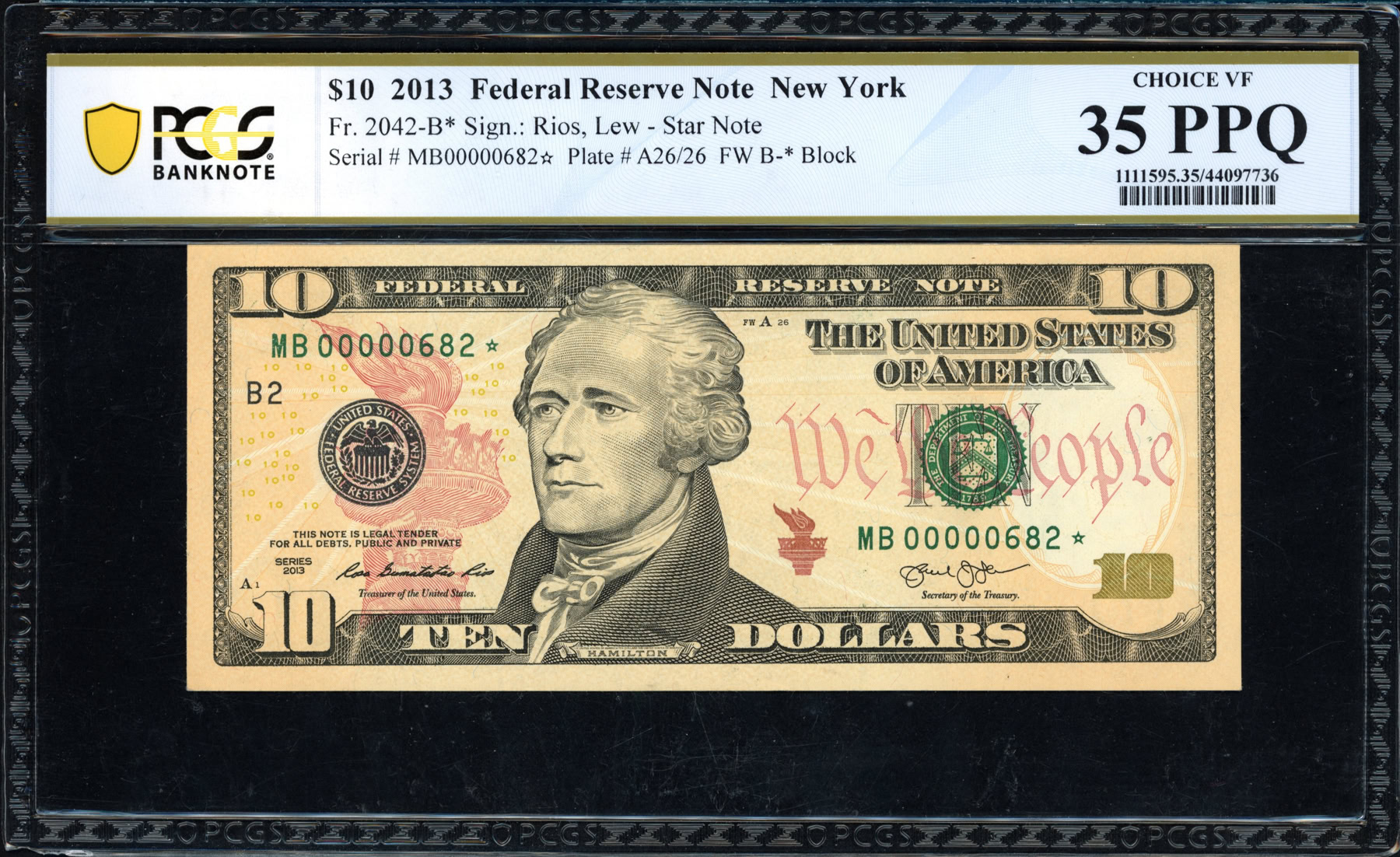 Fr. 2042-B* (MB* Block) 2013 $10 New York Federal Reserve Note *Very ...