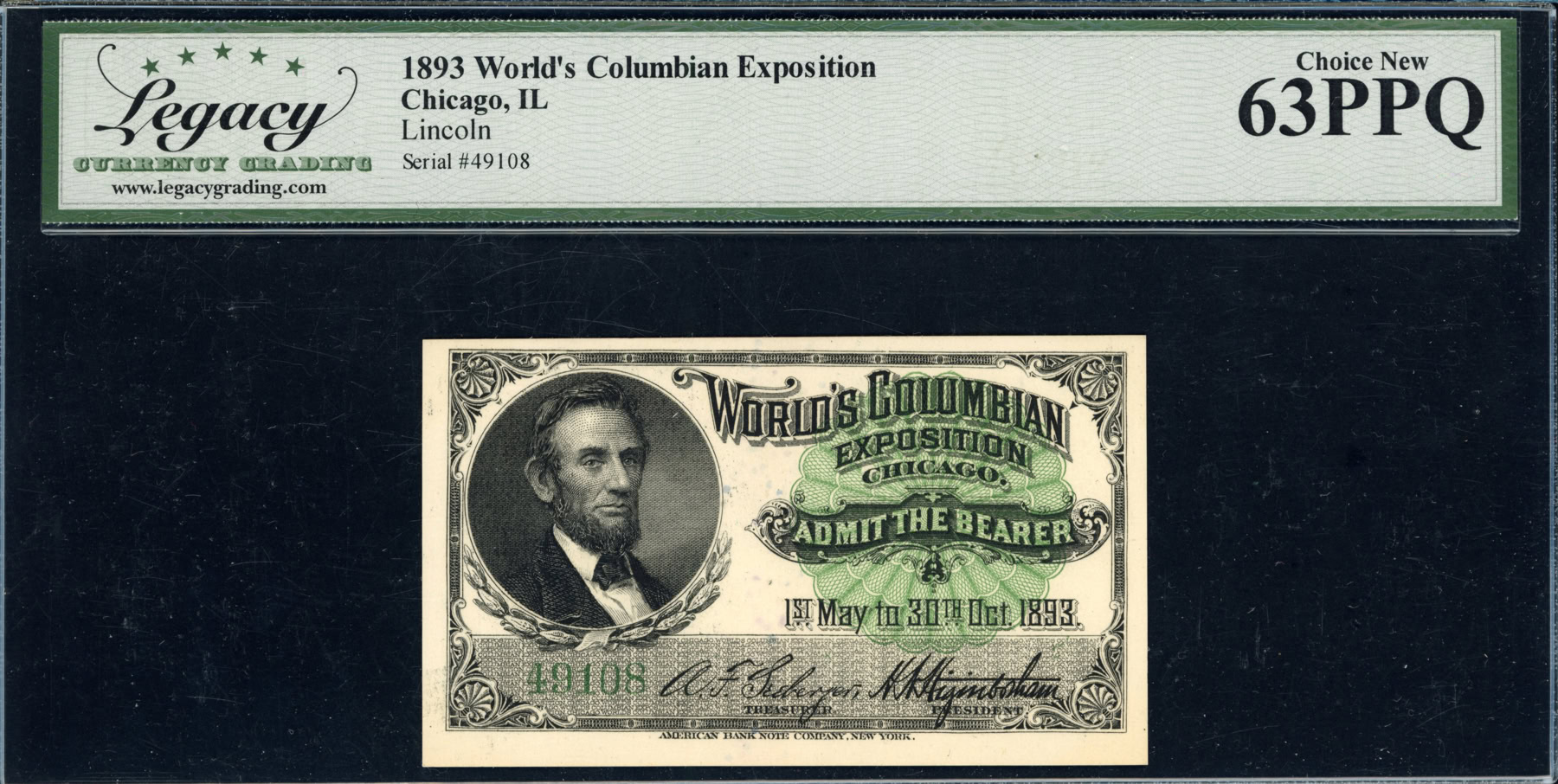 1893 Chicago, Illinois World's Columbian Exposition Ticket Abraham ...