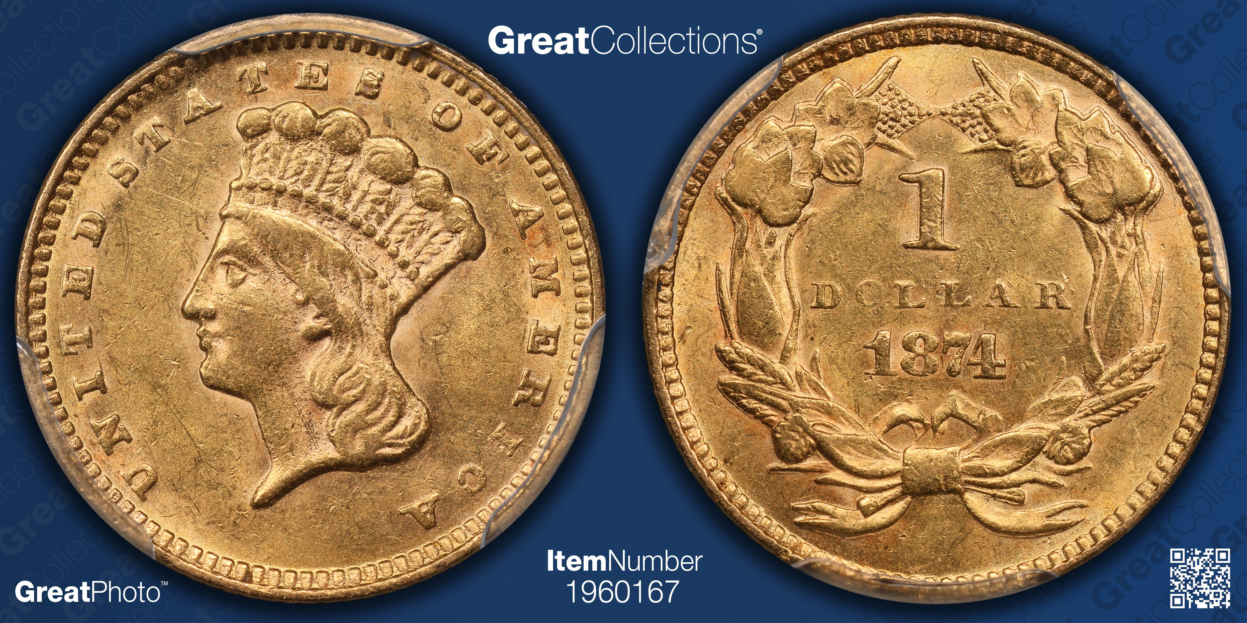 1874 Indian Princess Gold Dollar PCGS AU-58 (Item 1960167 ...