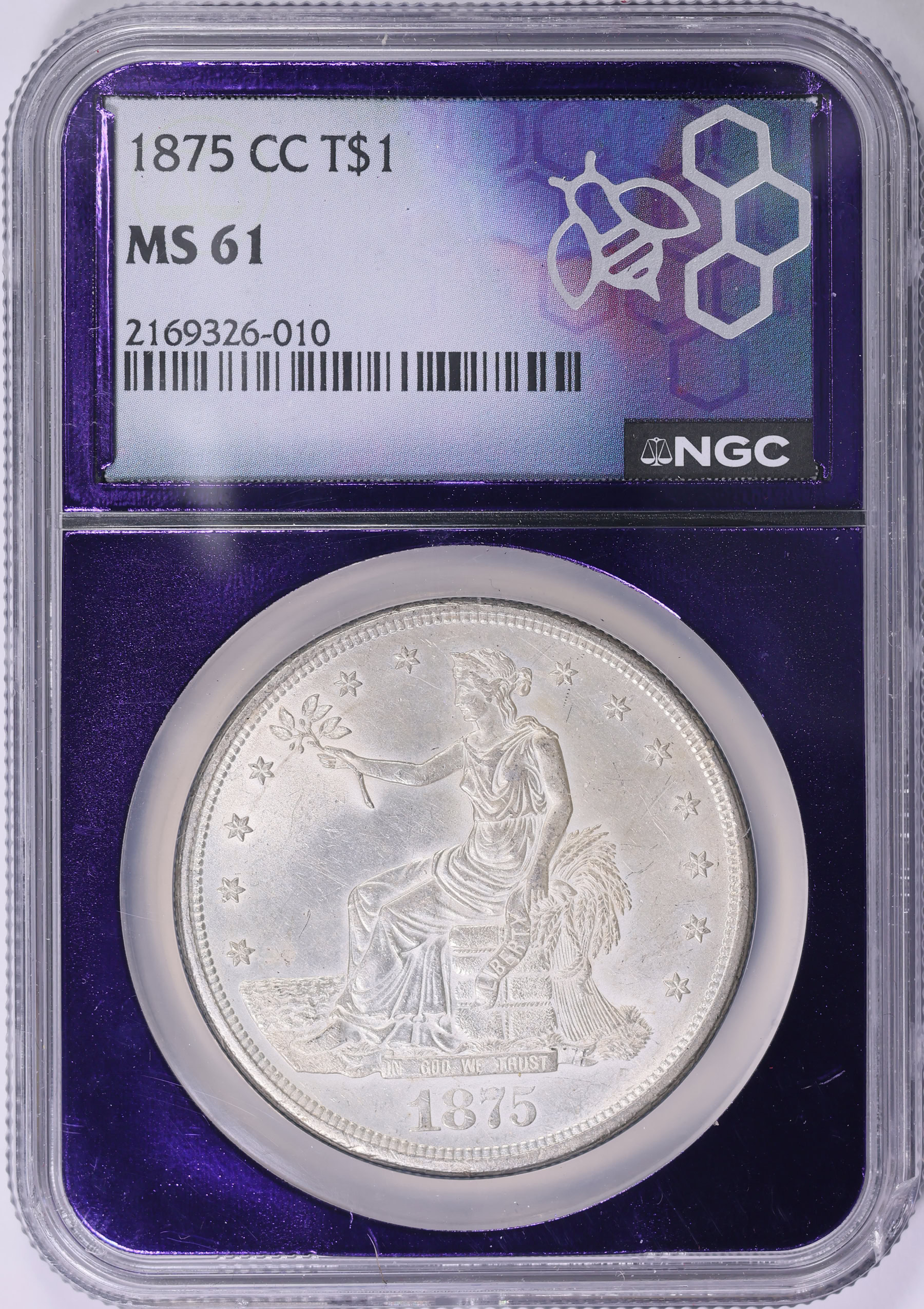 1875-CC Trade Silver Dollar NGC MS-61 (Purple Bee Frame Holder) (Item ...