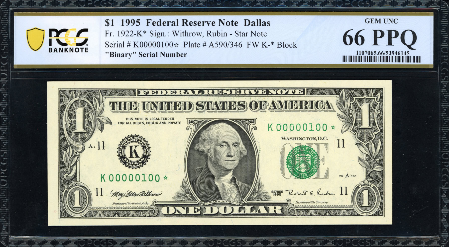 Fr. 1922-K* (K* Block) 1995 $1 Dallas Federal Reserve Star Note *Very ...
