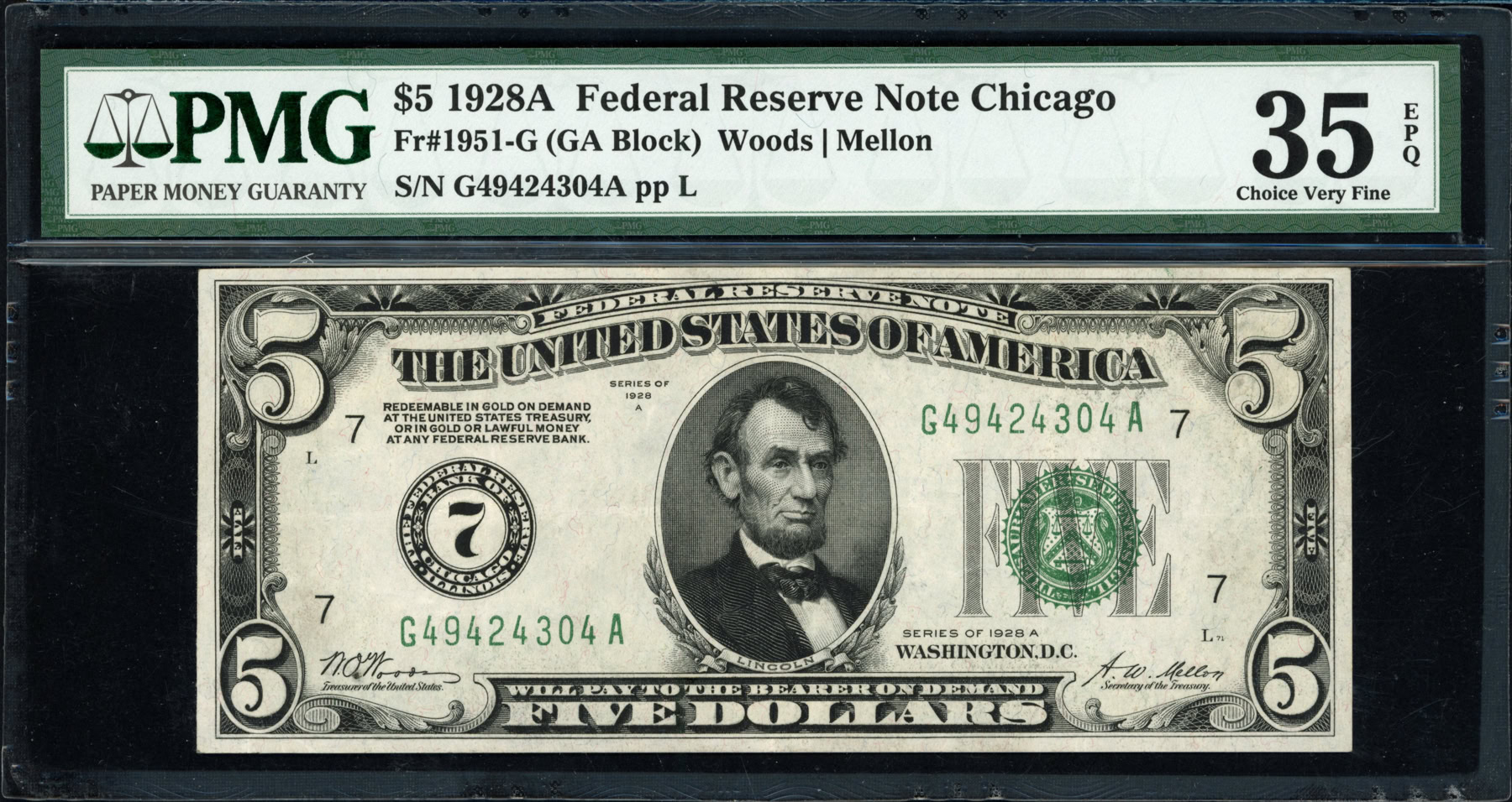 Fr. 1951-G (GA Block) 1928A $5 Chicago Federal Reserve Note Woods ...