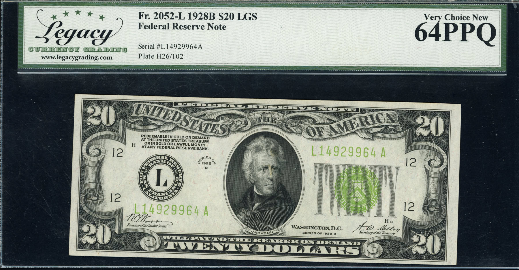 Fr. 2052-Llgs Light Green (LA Block) 1928B $20 San Francisco Federal ...