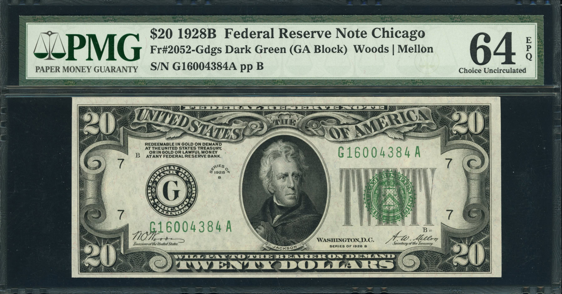Fr. 2052-Gdgs Dark Green (GA Block) 1928B $20 Chicago Federal Reserve ...