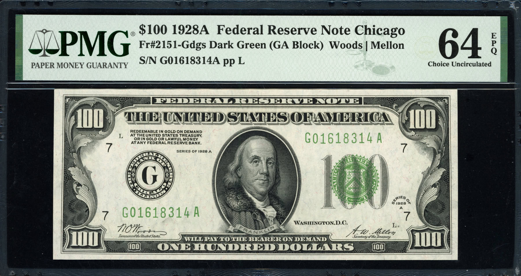 Fr. 2151-Gdgs Dark Green (GA Block) 1928A $100 Chicago Federal Reserve ...