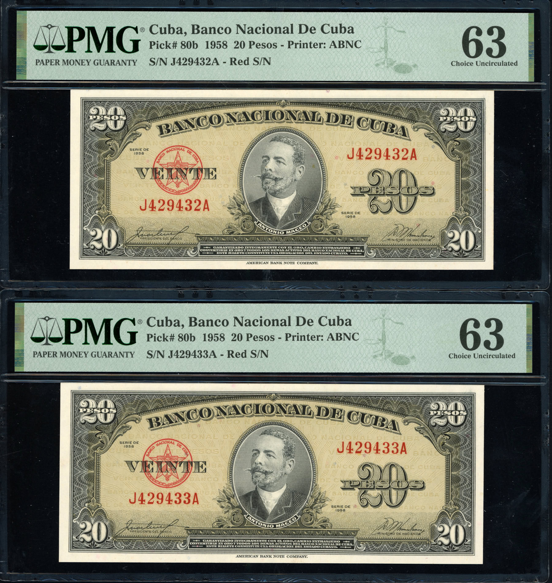 Cuba 1958 20 Pesos Banco Nacional de Cuba Notes *Sequential Serial ...