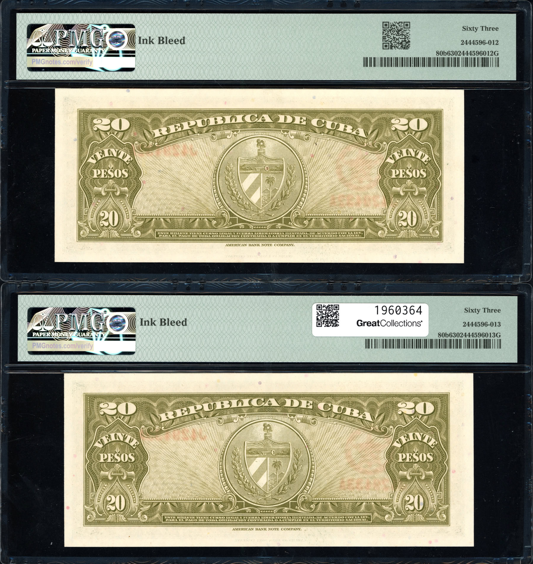 Cuba 1958 20 Pesos Banco Nacional de Cuba Notes *Sequential Serial ...