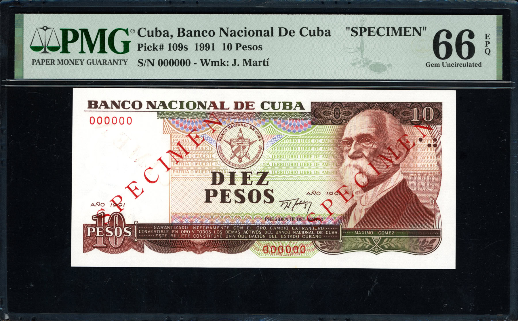 Cuba 1991 10 Pesos Banco Nacional de Cuba Specimen Note SCWPM-109s PMG Gem Uncirculated 66 EPQ ...