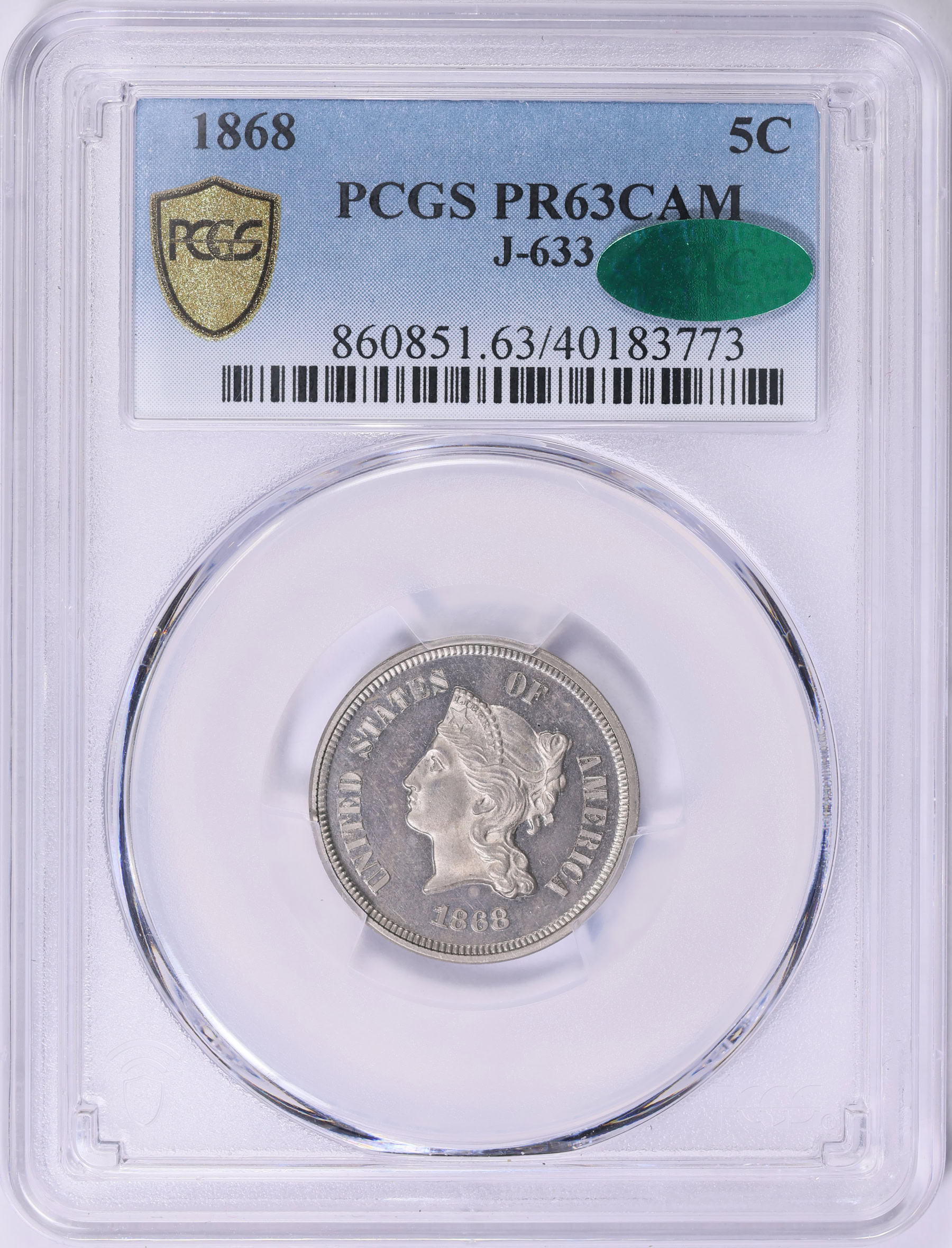 1868 Pattern 5c J-633 PCGS Proof-63 CAMEO (CAC Green) (Item 1960605 ...
