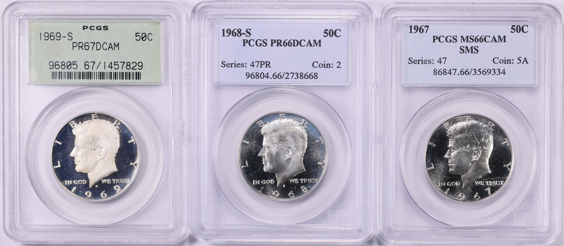 1967, 1968-S and 1969-S Kennedy Half Dollar PCGS MS-66 CAMEO/Proof-66 ...