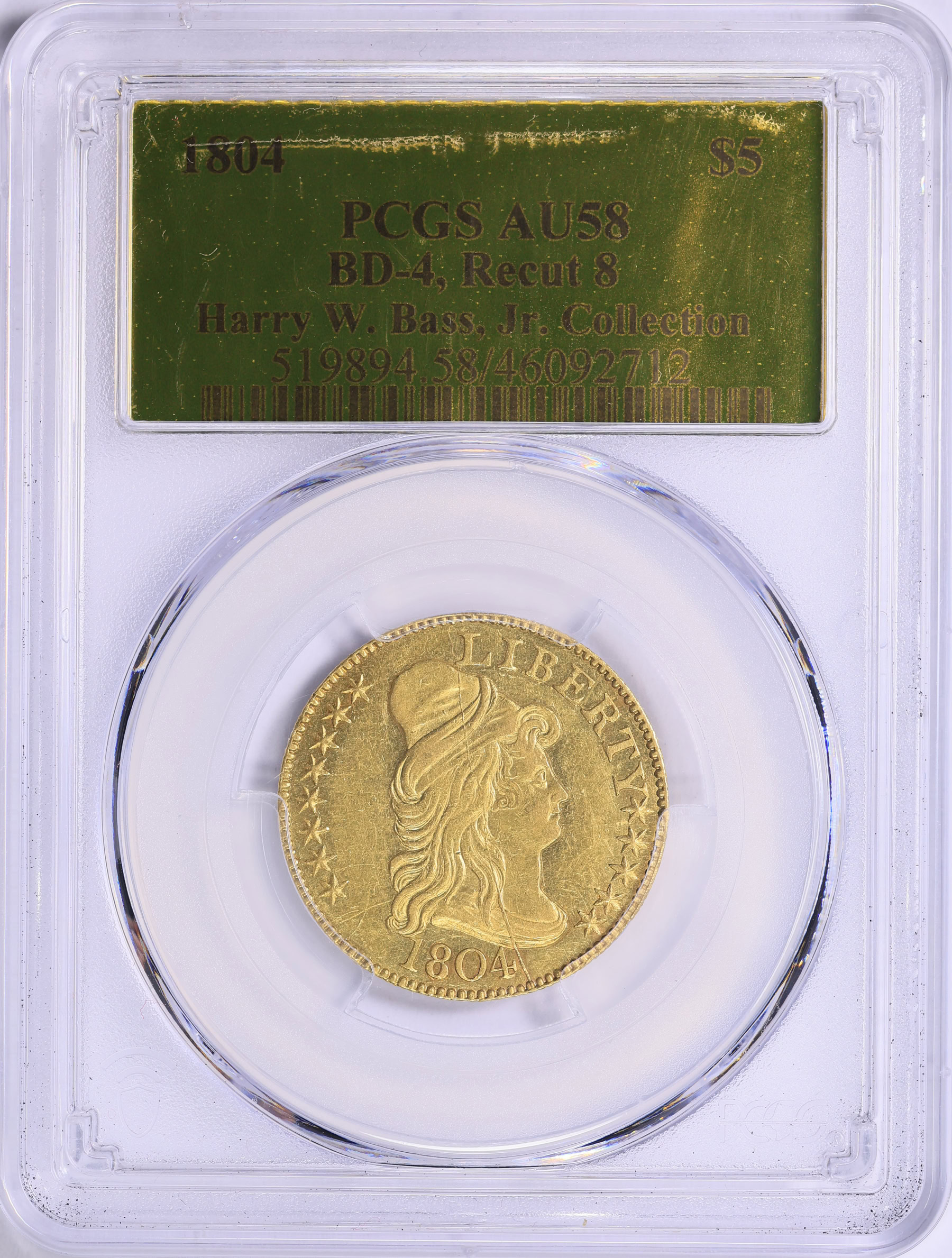 1804 Capped Bust Right Gold Half Eagle BD-4, Recut 8 PCGS AU-58 (Gold ...