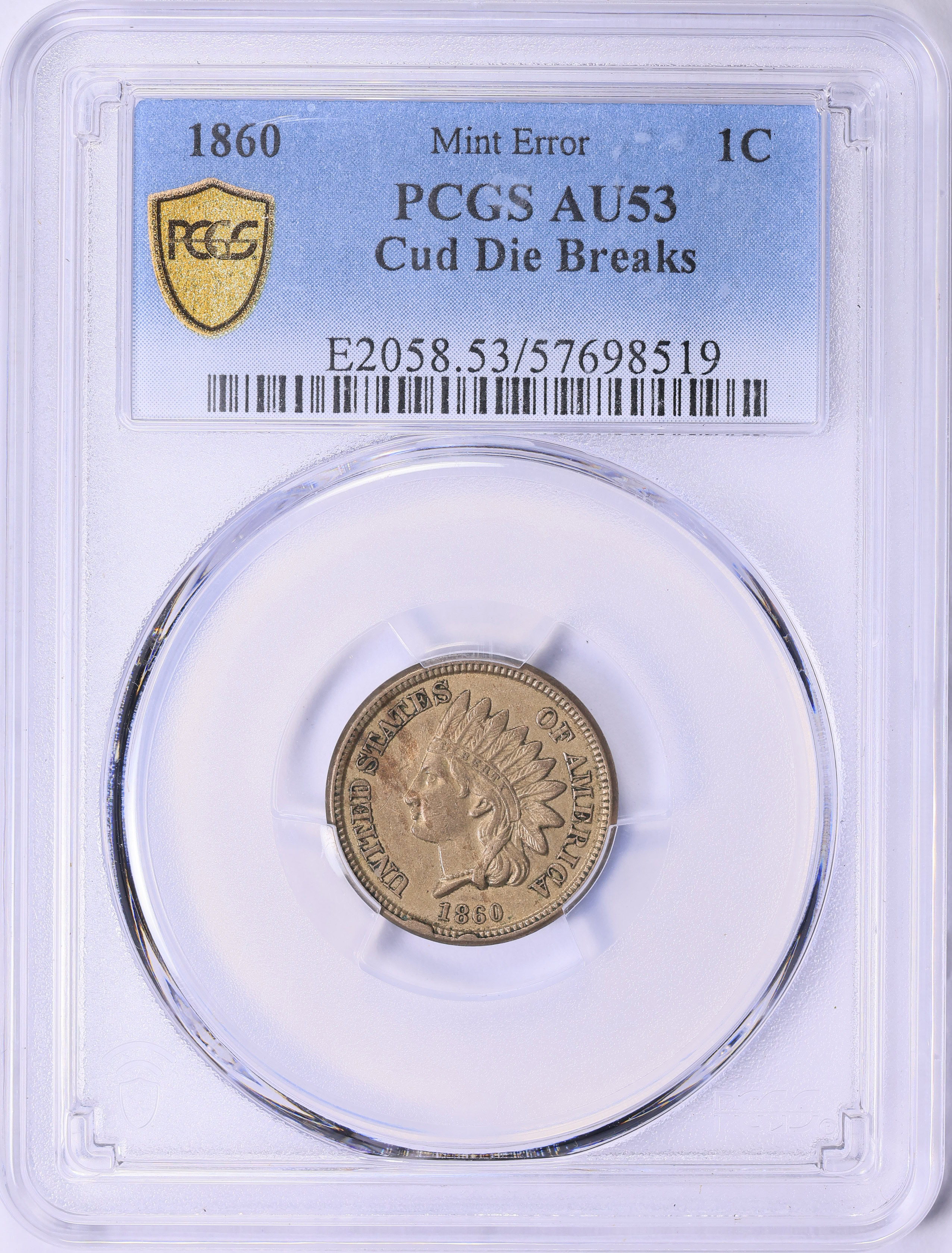 Mint Error 1860 Indian Cent Cud Die Breaks PCGS AU-53 | PCGS Cert ...