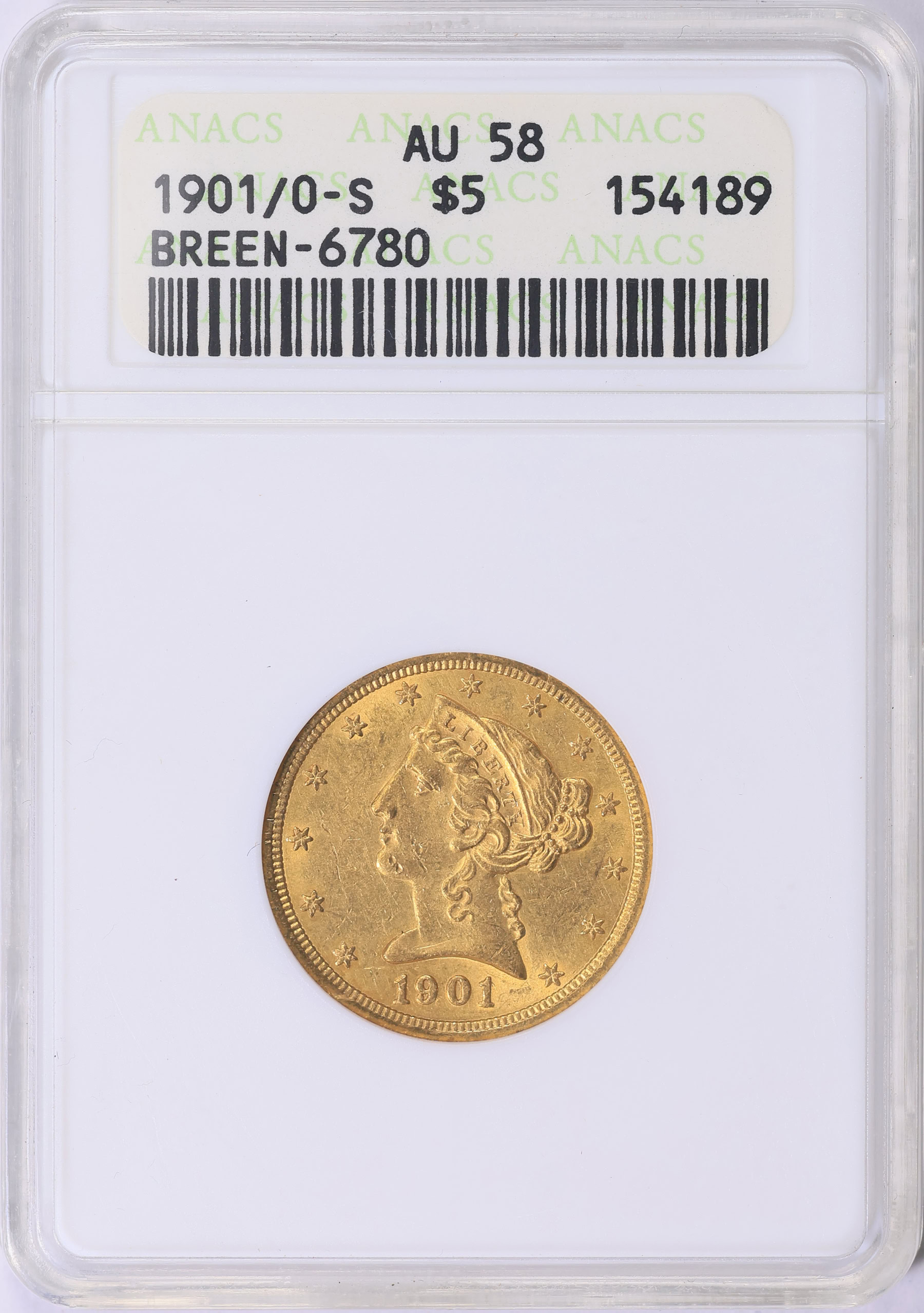 1901/0-S Liberty Gold Half Eagle Breen-6780 ANACS AU-58 OH (Item ...