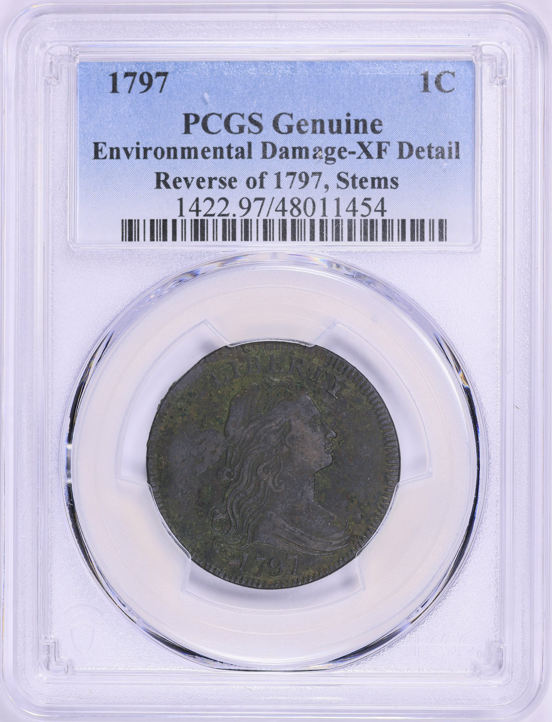 1797 Draped Bust Cent Reverse of 1797, Stems PCGS Genuine XF Details ...