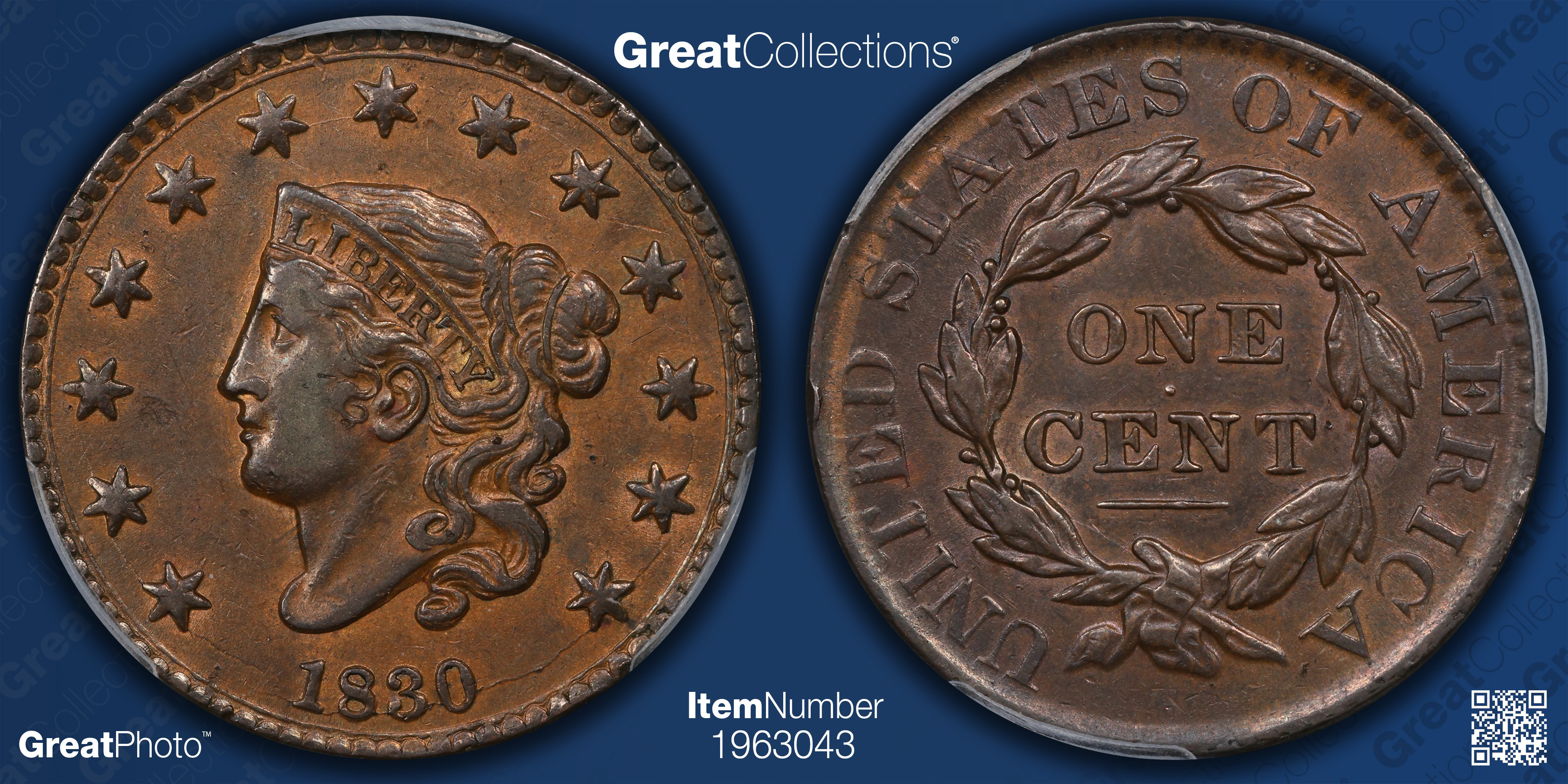 1830 Matron Cent Large Letters PCGS AU-50 BN (Item 1963043 ...