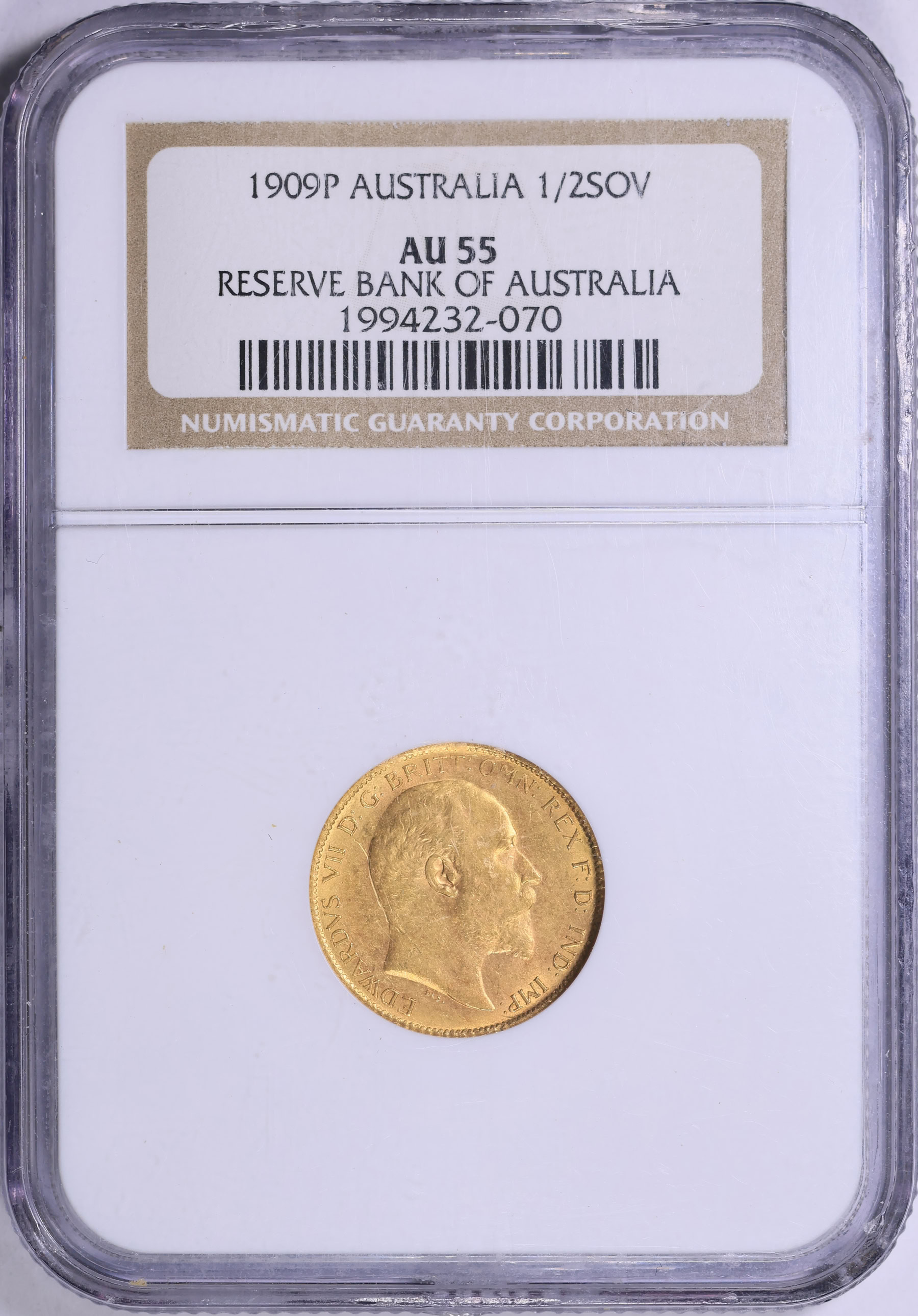 Australia 1909-P Gold 1/2 Sovereign KM-14 NGC AU-55 (Ex: Reserve Bank ...