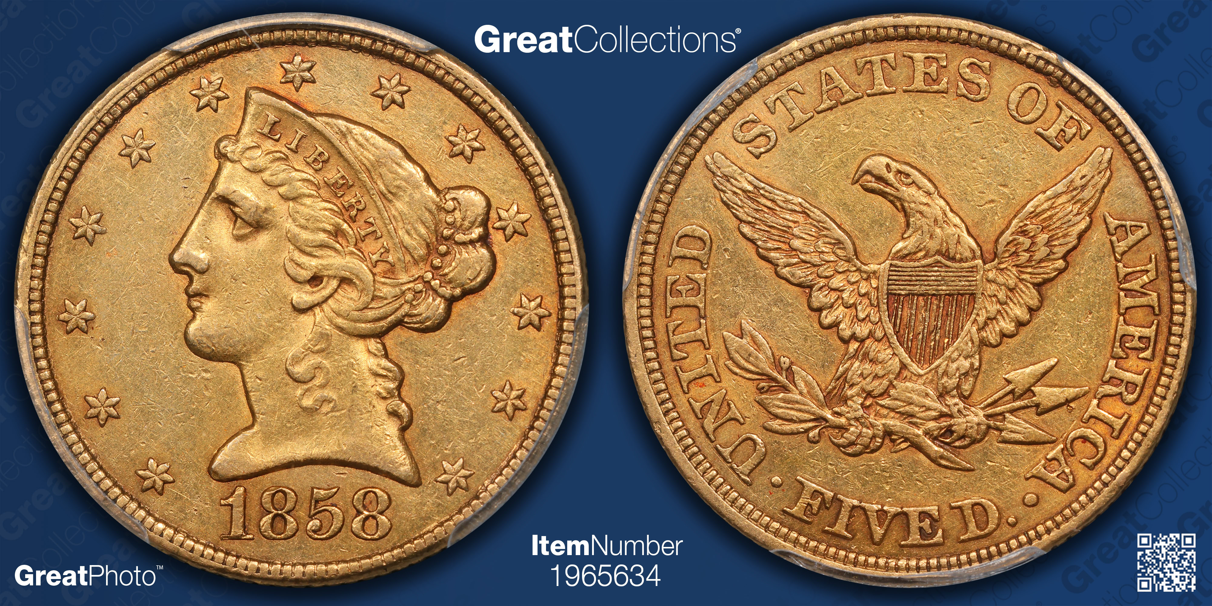 1858 Liberty Gold Half Eagle PCGS AU-53 (CAC Green) (Item 1965634 ...