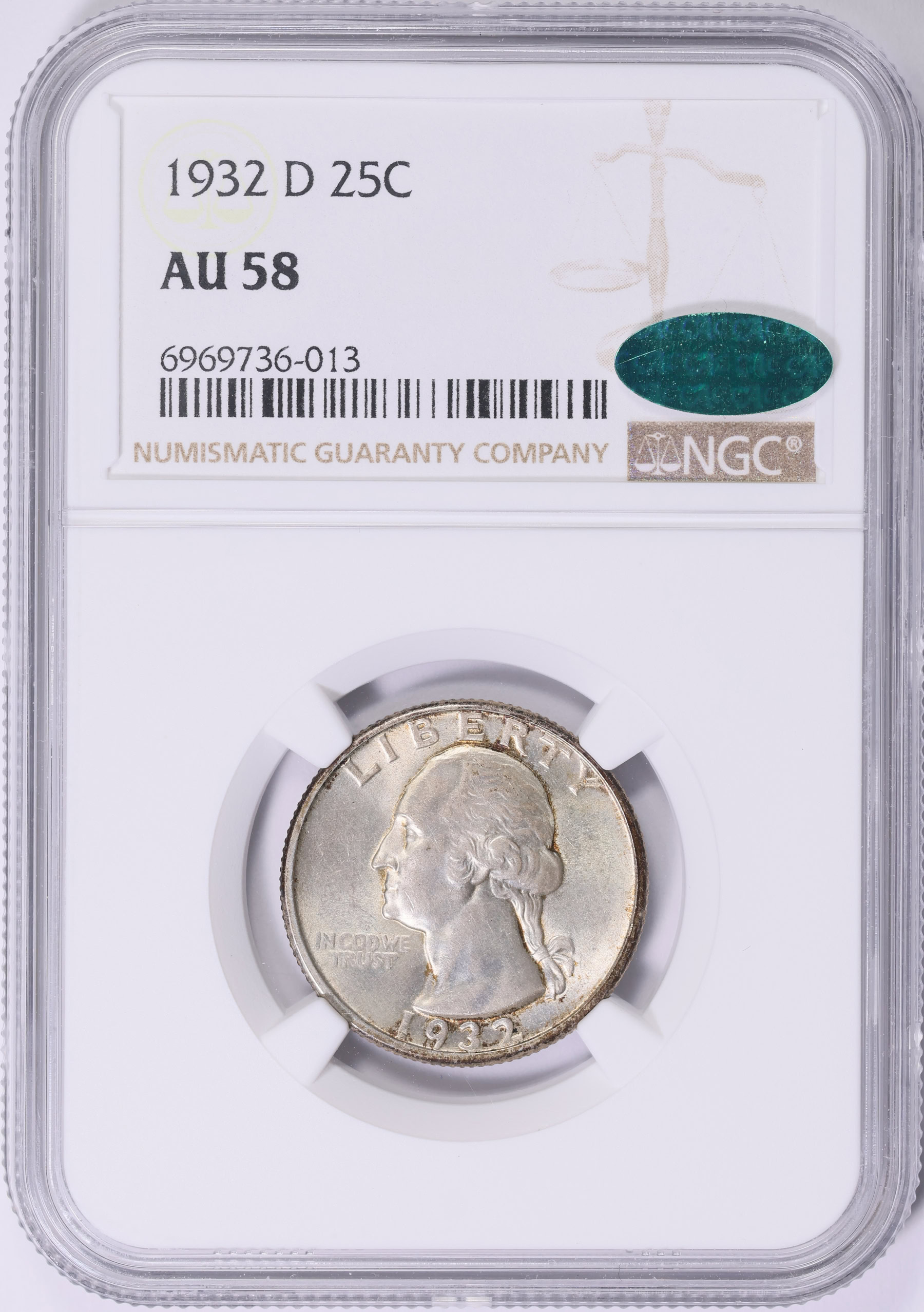 1932-D Washington Quarter NGC AU-58 (CAC Green) (Item 1966231) | GreatCollections Coin Auctions
