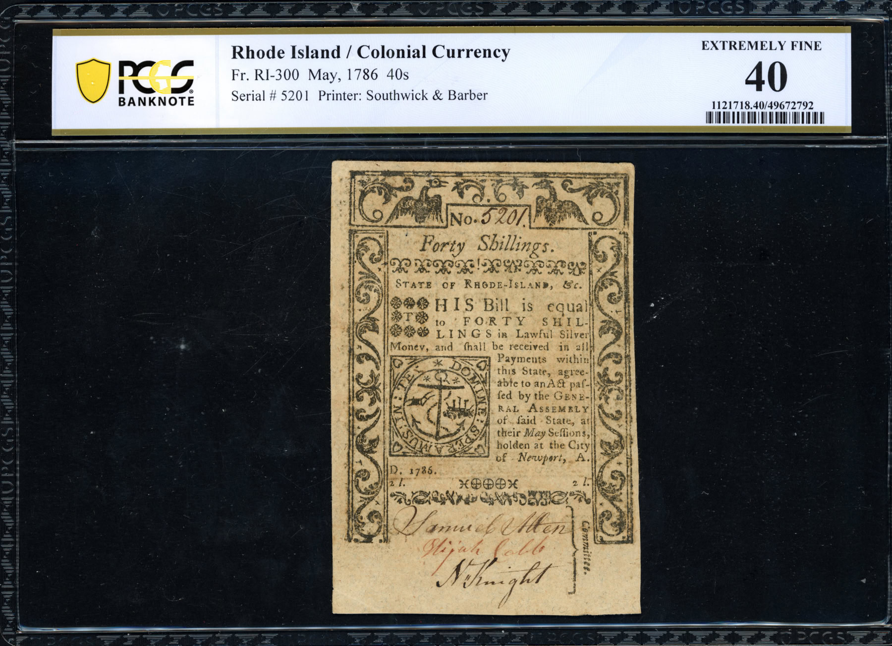 Fr. RI-300 May 1786 40 Shillings Rhode Island Colonial Note PCGS ...