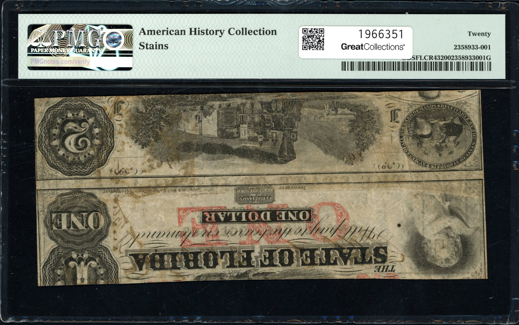 1865 Tallahassee, Florida State of Florida $100 Note PMG Very Fine 20 ...