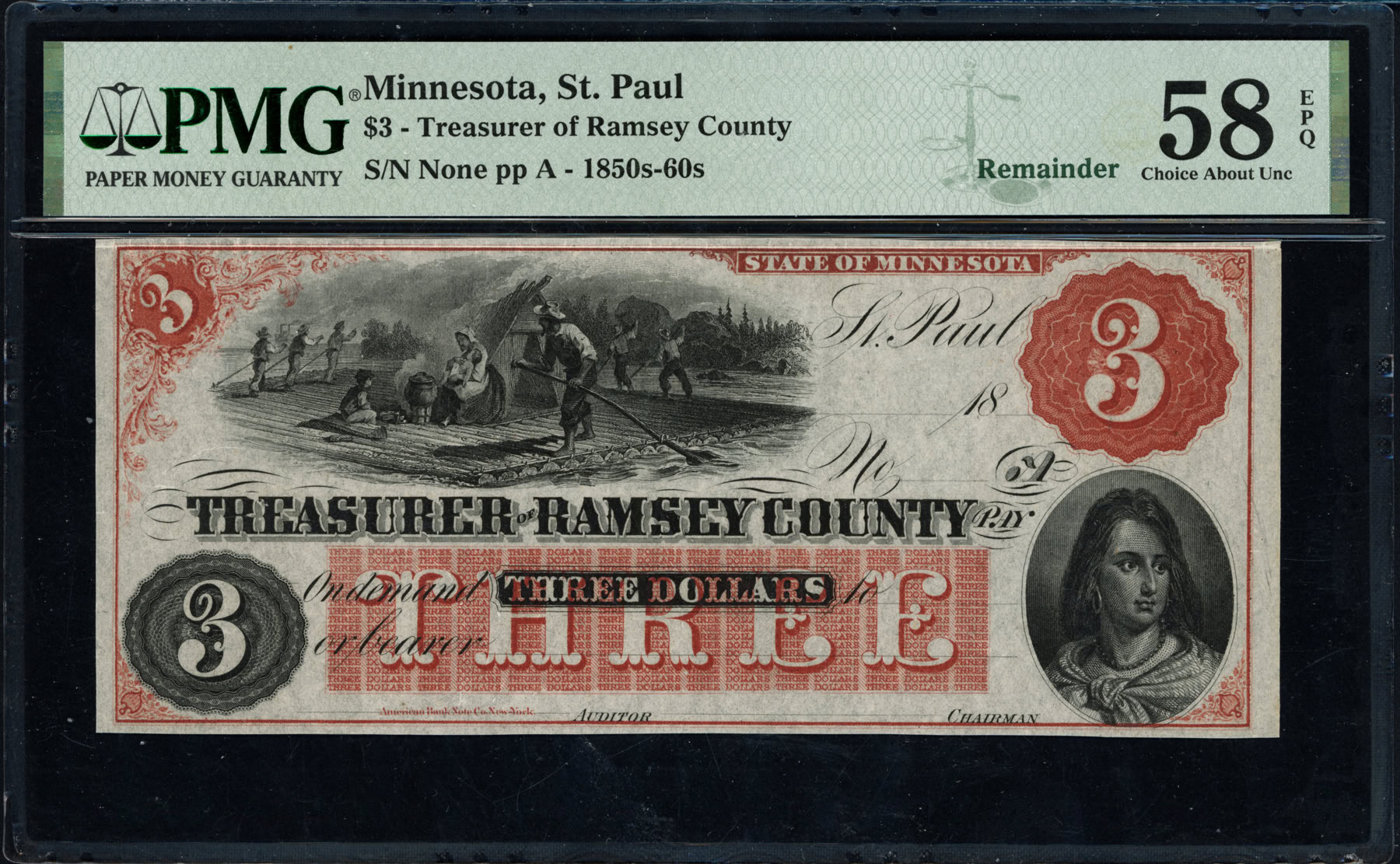 18xx St. Paul, Minnesota Treasurer Of Ramsey County $3 Remainder Note ...