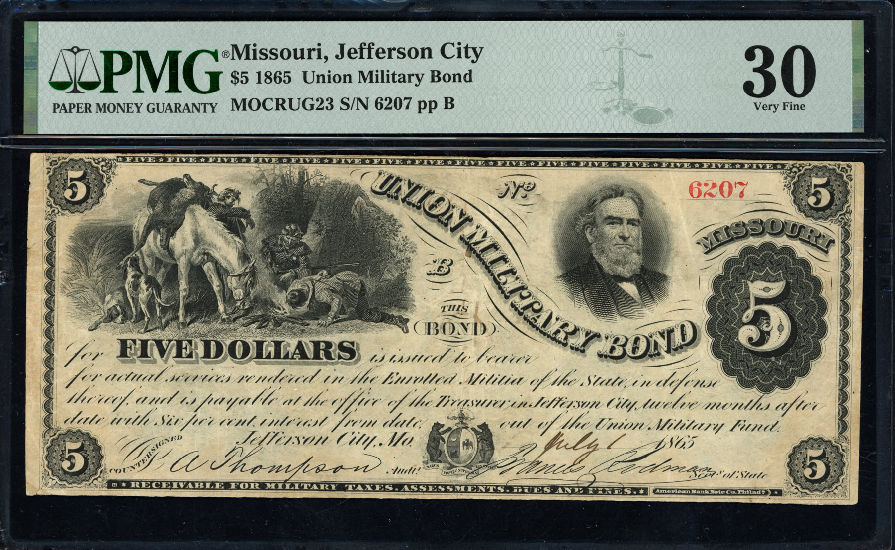 1865 Jefferson City, Missouri $5 Union Military Bond Note PMG Very Fine ...