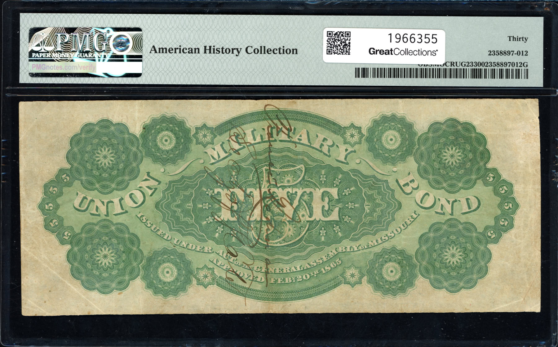 1865 Jefferson City, Missouri $5 Union Military Bond Note PMG Very Fine ...