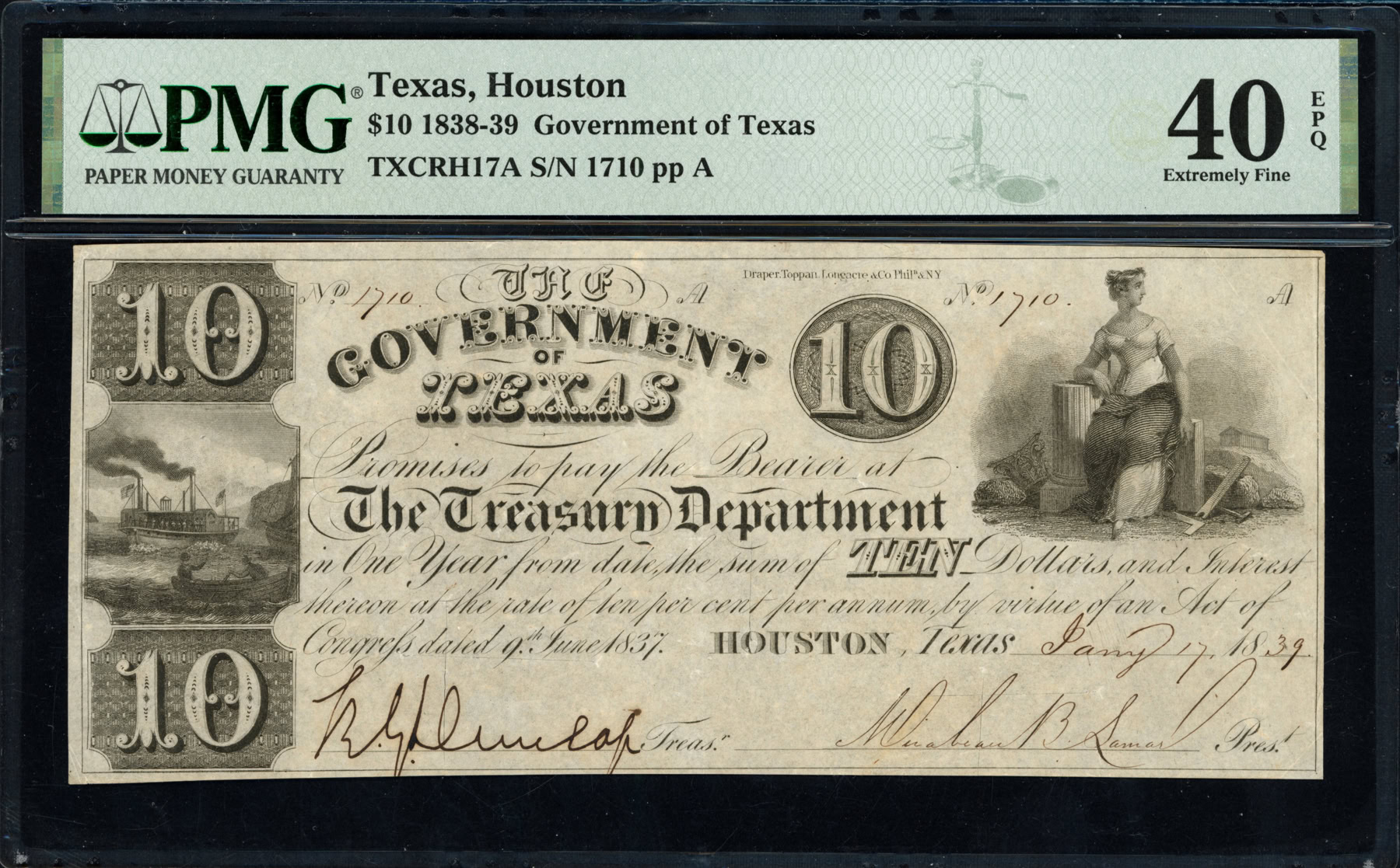 Jan. 17, 1839 Houston, Texas Government of Texas $10 Note PMG Extremely ...