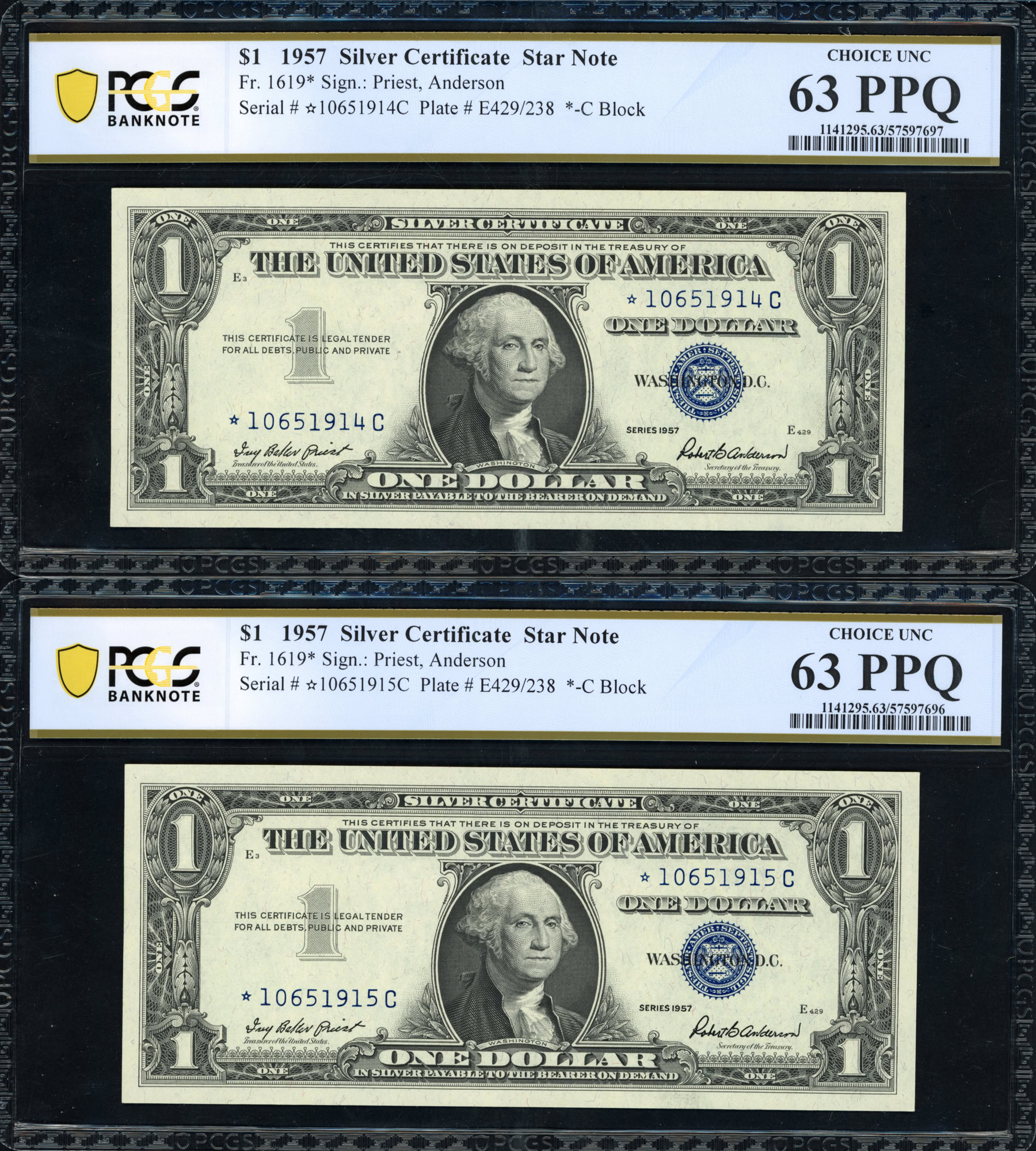 Fr. 1619* (*C Block) 1957 $1 Silver Certificate Star Notes *Sequential ...