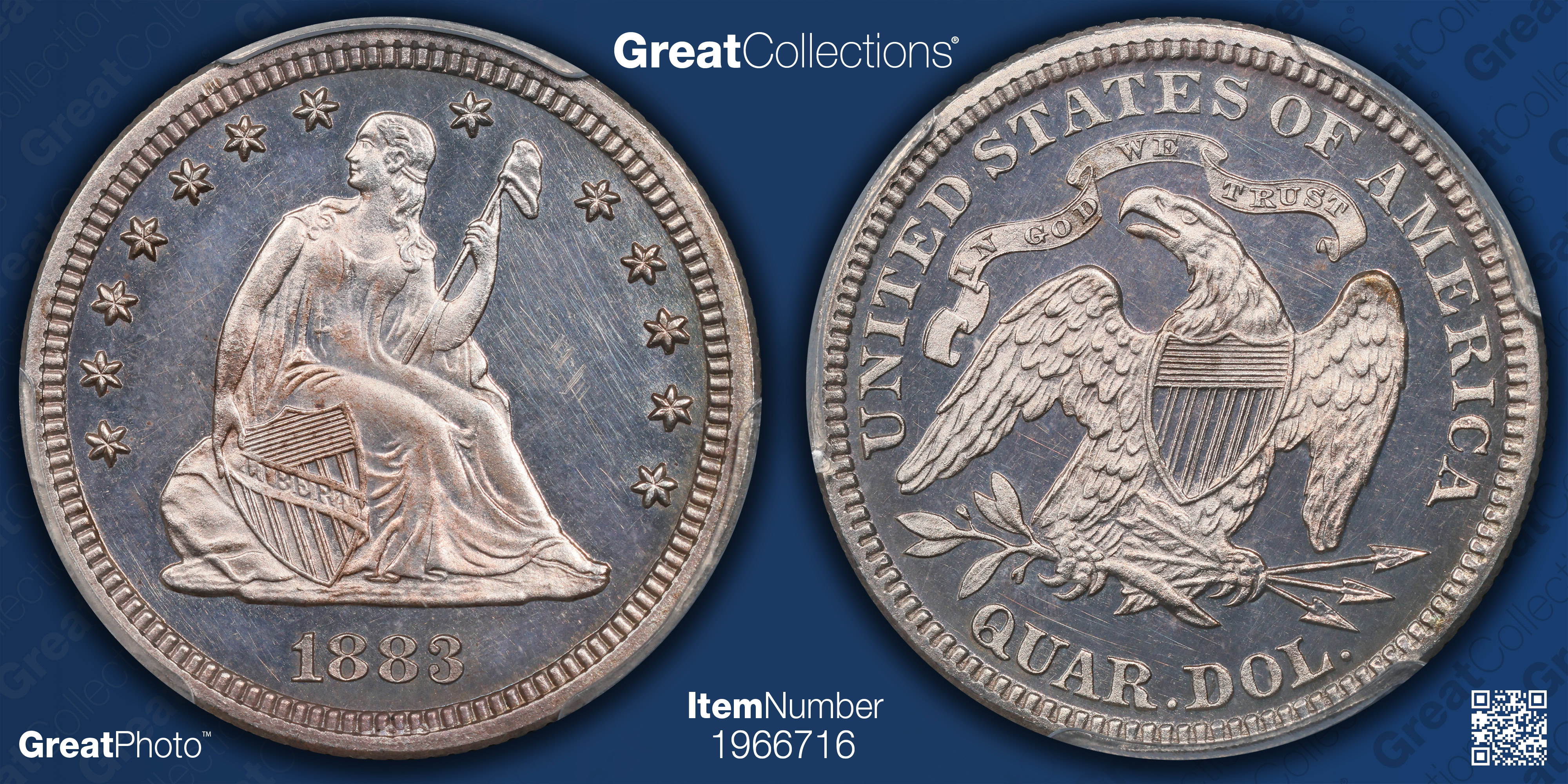 1883 Seated Liberty Quarter PCGS Proof-63 CAMEO (CAC Green) (Toned ...