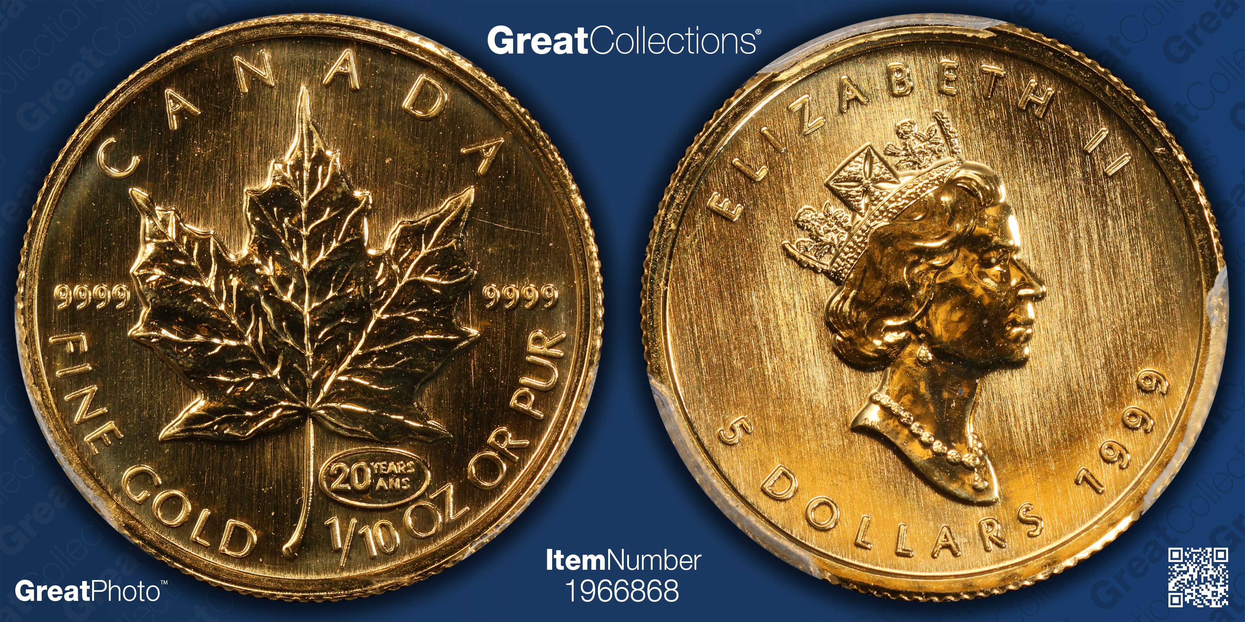 Canada 1999 Gold $5 Maple Leaf 20 Years ANS Privy KM-188 PCGS MS-69 ...